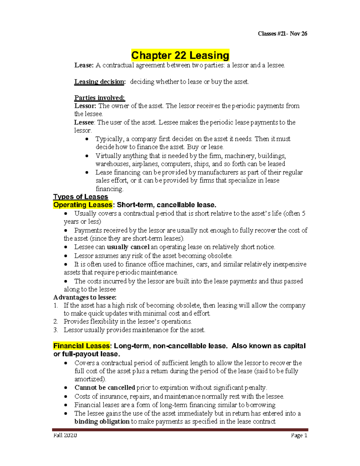 Class #21 Ch 22 Leasing Notes with solutions - Class es #21- Nov 26 ...