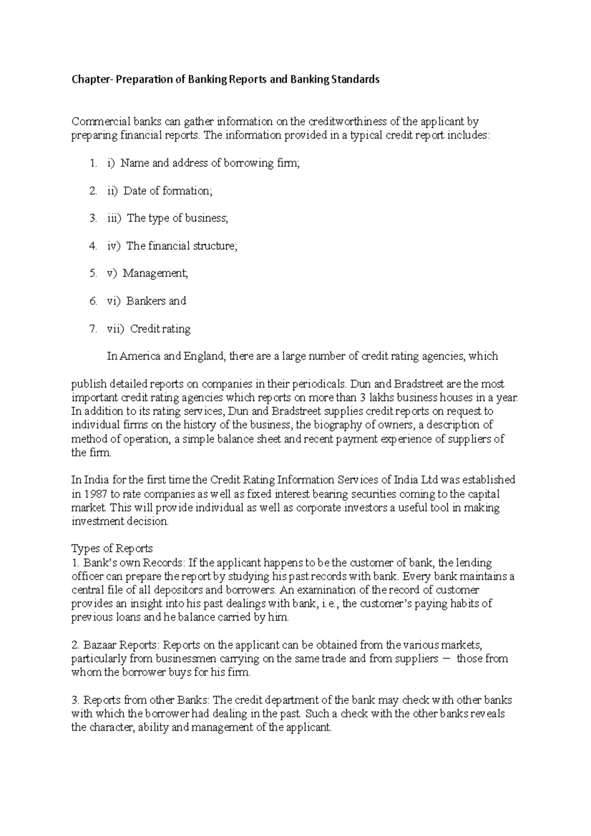 Chapter Preparation of Banking Reports and Banking - The information ...