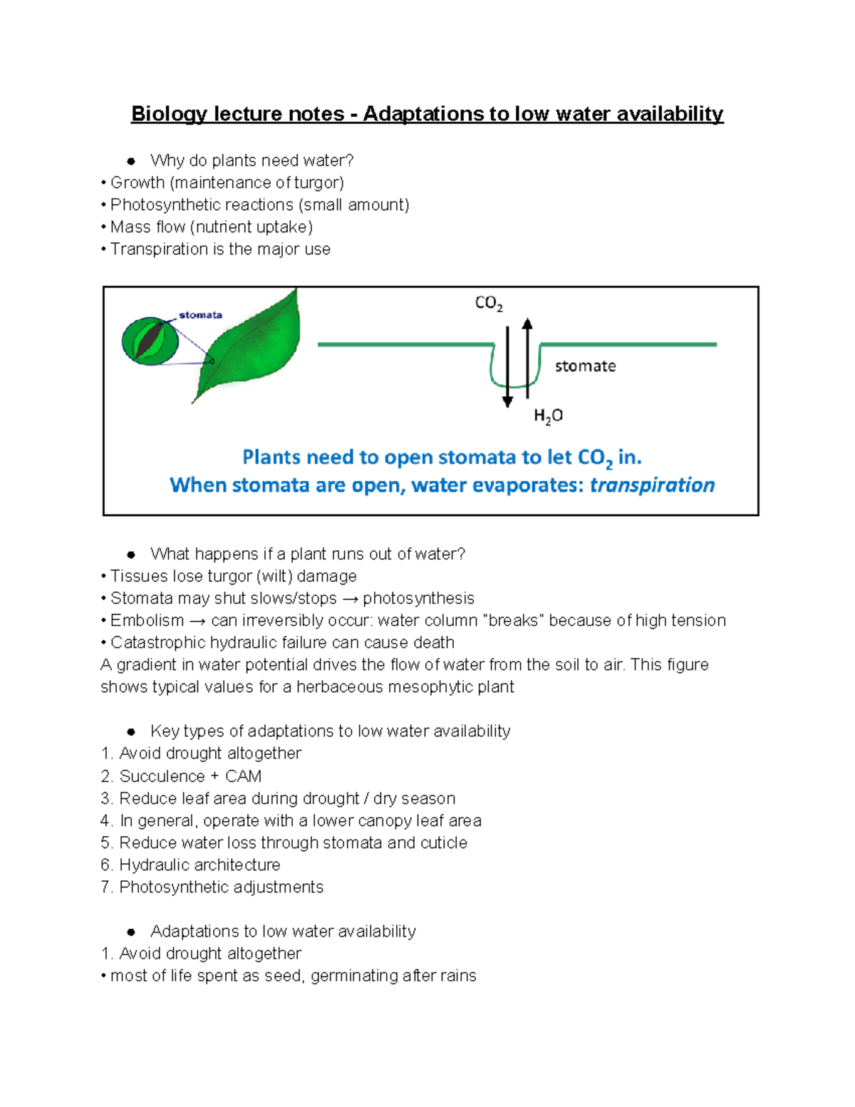 Biology lecture notes - Adaptations to low water availability - This ...