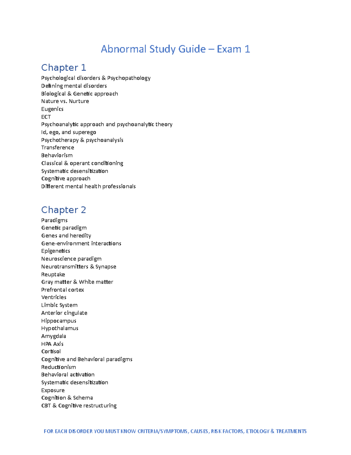 Abnormal Study Guide - Exam 1 - Abnormal Study Guide – Exam 1 Chapter 1 ...