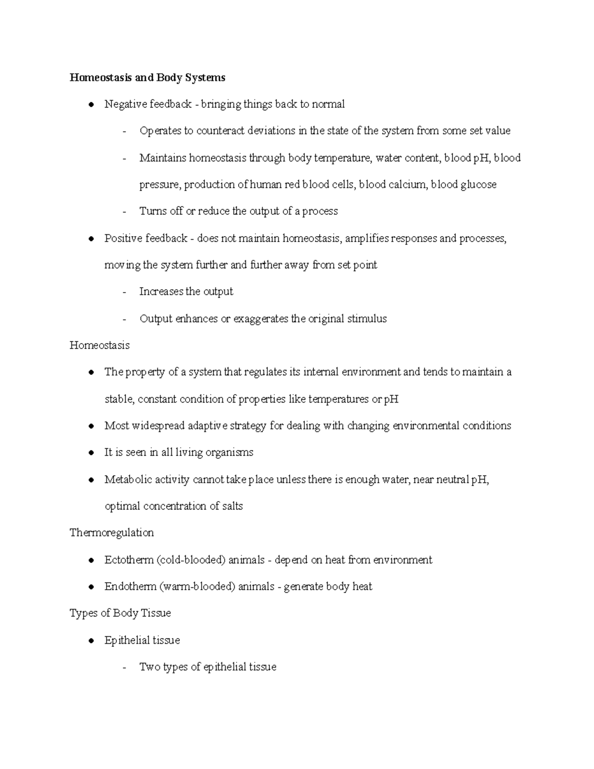 Biology Homeostasis and Body Systems Lecture Notes - Homeostasis and ...