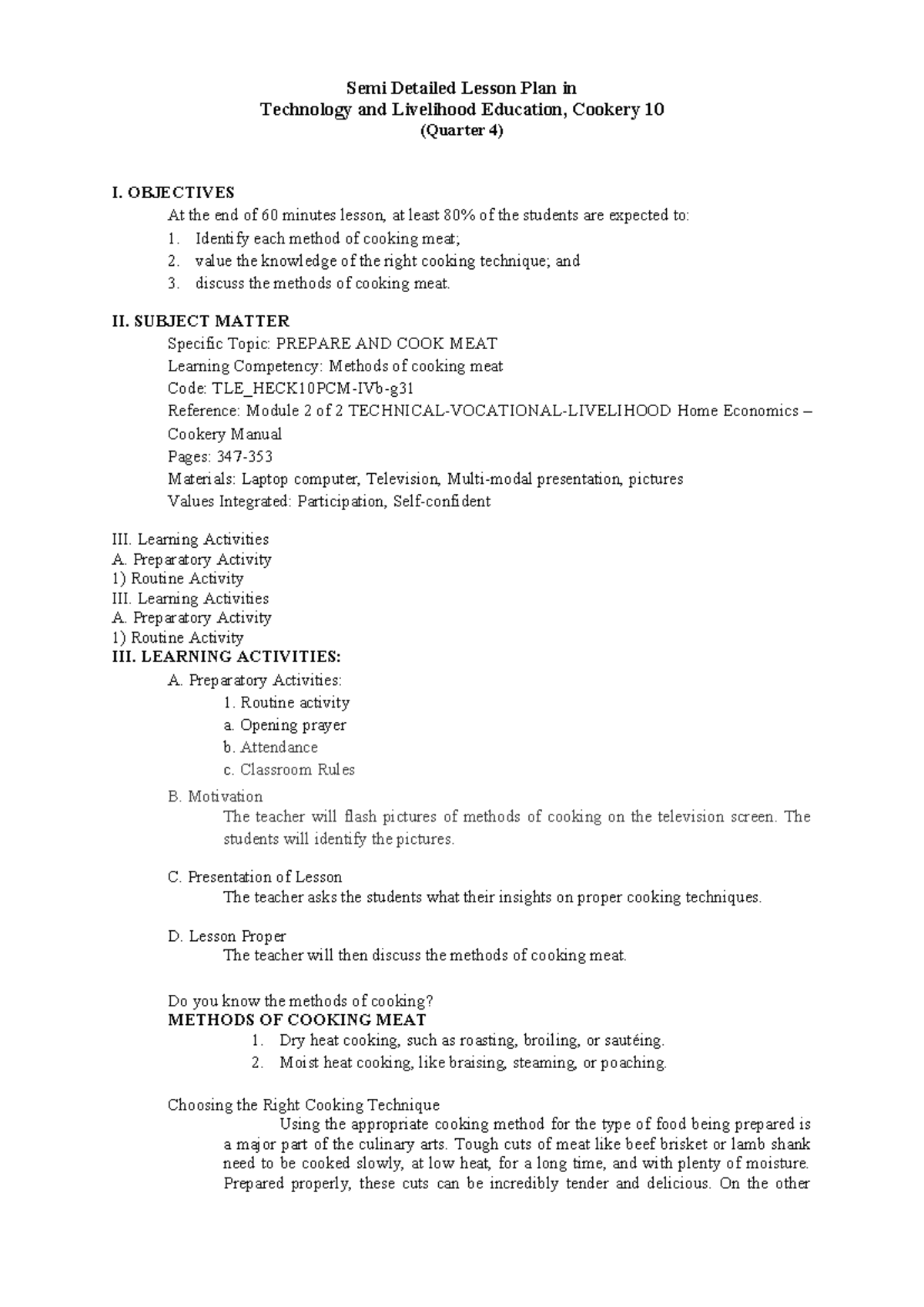 Cooking methods demo - lesson plan - Semi Detailed Lesson Plan in ...