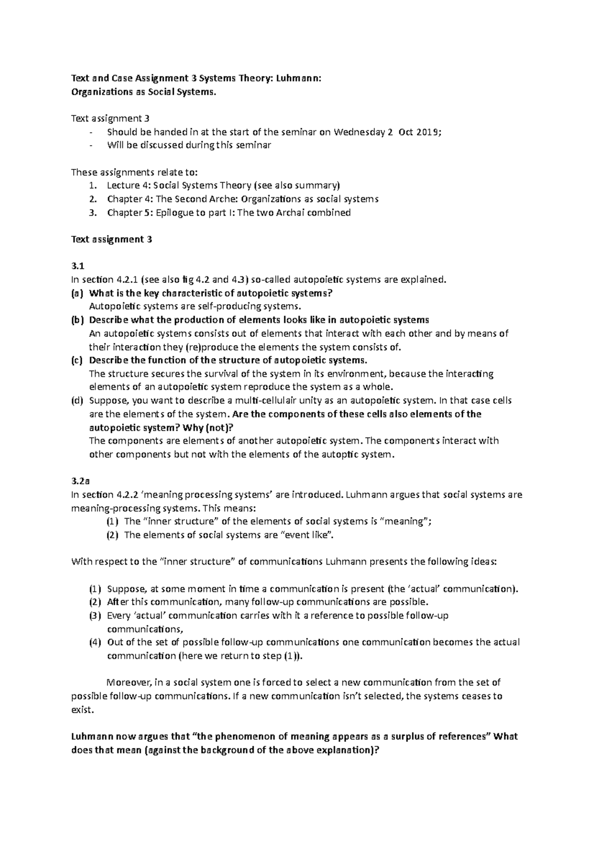 TA3 - opdracht 3 - Text and Case Assignment 3 Systems Theory: Luhmann: Organizations as Social ...