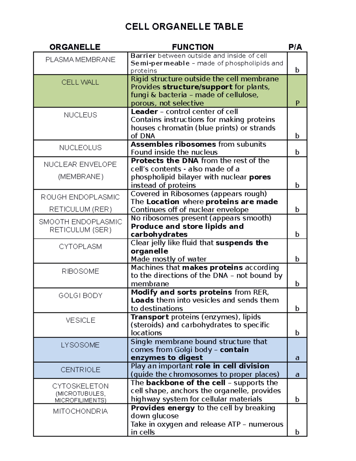 Cell Strucutures - N/A - CELL ORGANELLE TABLE ORGANELLE FUNCTION P/A ...