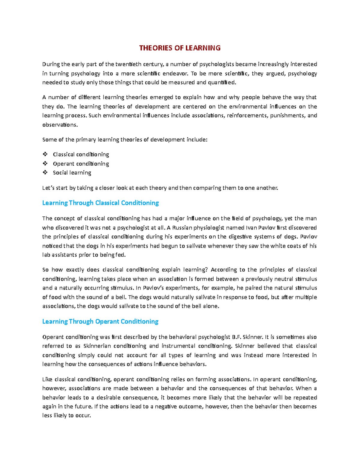 Simple Notes On Theories Of Learning In Psychology THEORIES OF