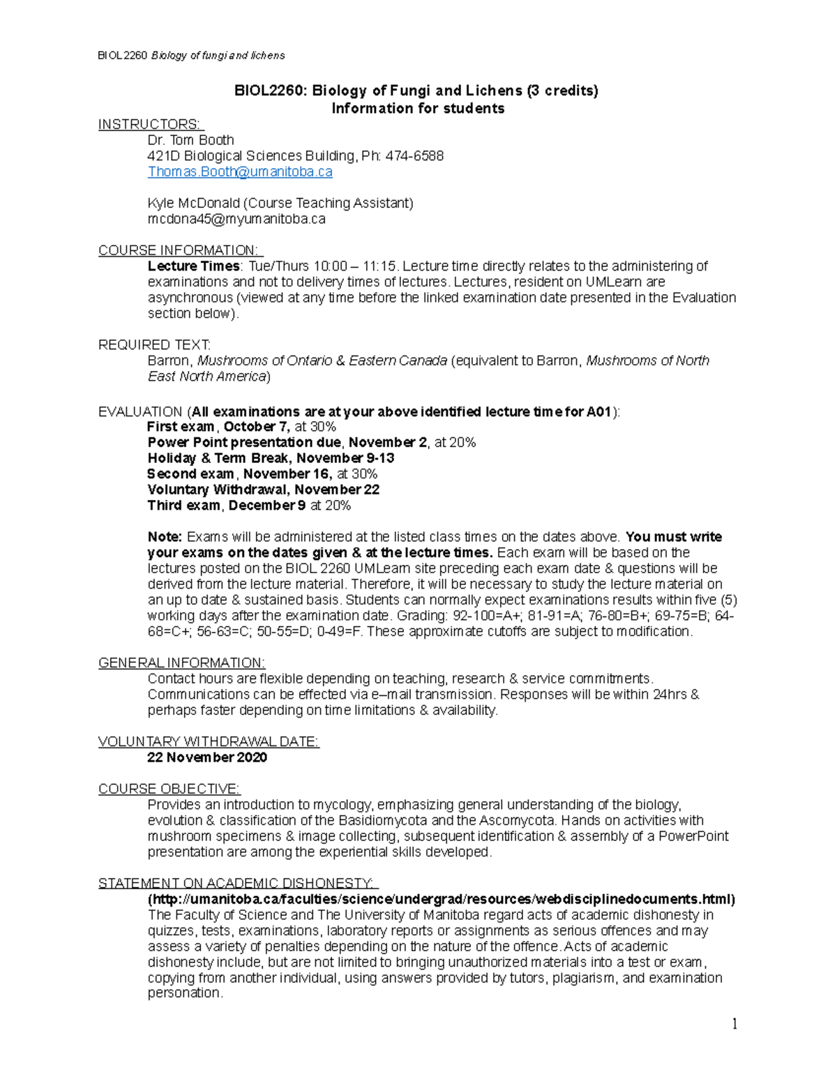 1Syllabus - Lecture notes 1 - BIOL2260 Biology of fungi and lichens ...