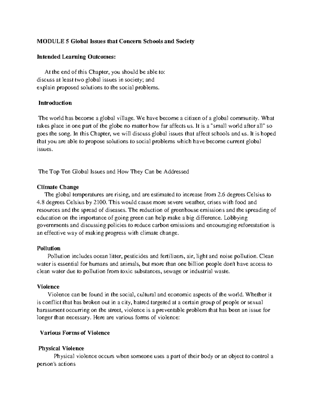 Module 5 SED 2102 - Idk - MODULE 5 Global Issues that Concern Schools and Society Intended ...
