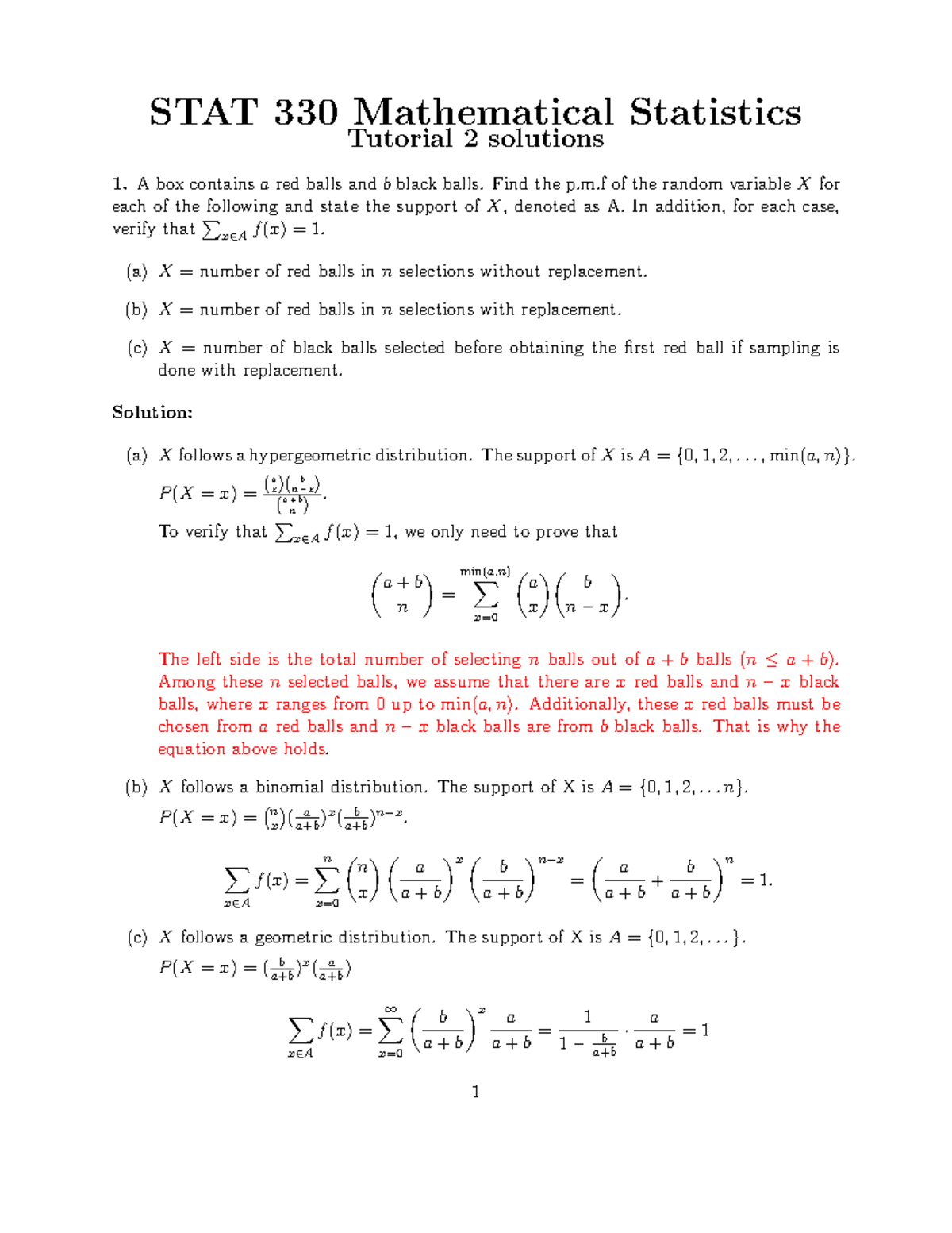 Tutorial 2 - Solution - winter 2020 - STAT 330 Mathematical Statistics ...