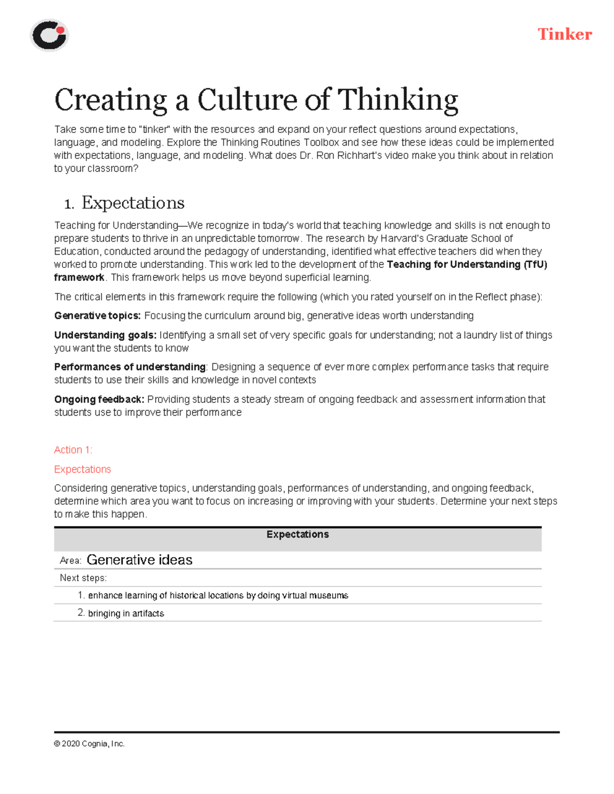 Culture of Thinking Tinker filledout - © 2020 Cognia, Inc. Tinker ...