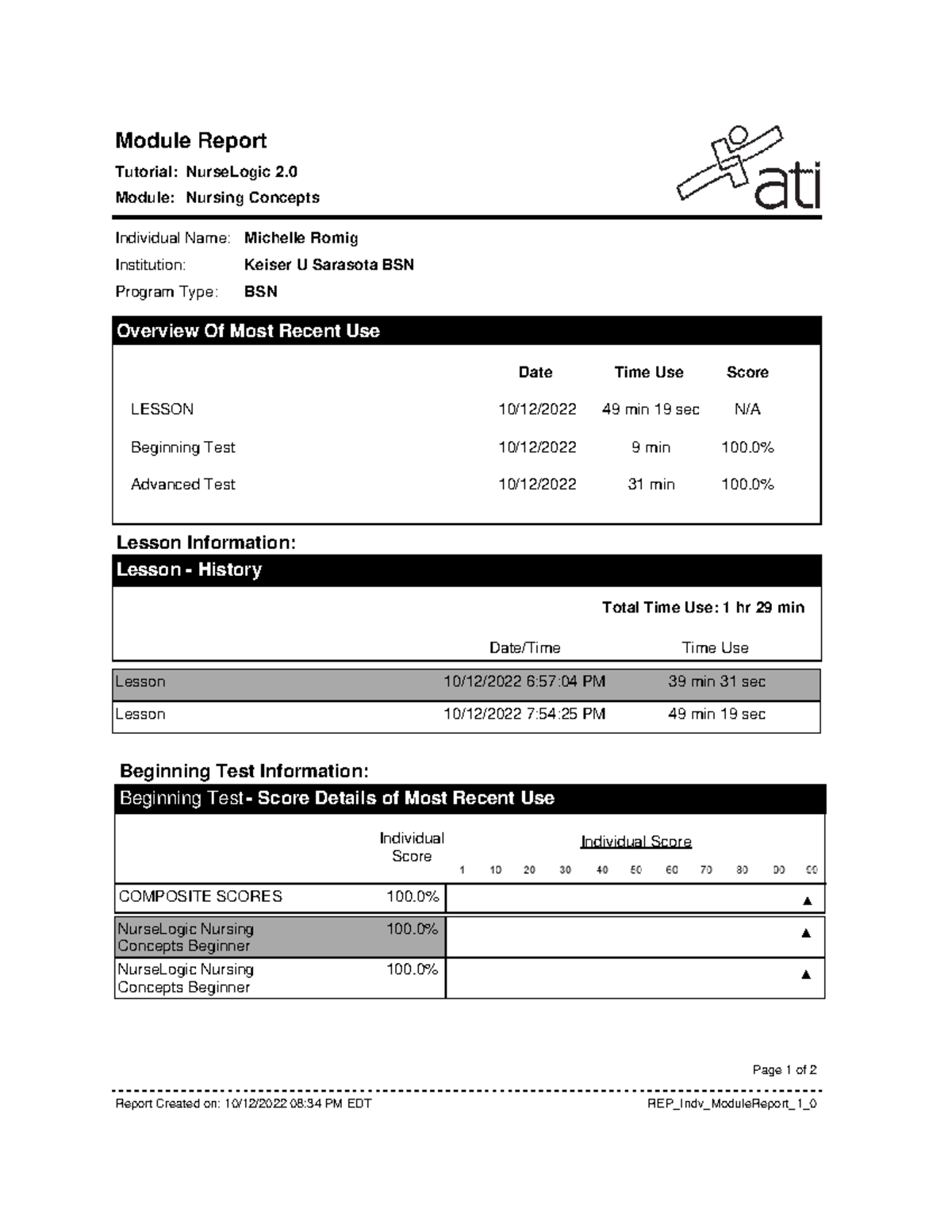 ATI Nurse Logic 2.0 - Nursing Concepts - Individual Name: Institution ...