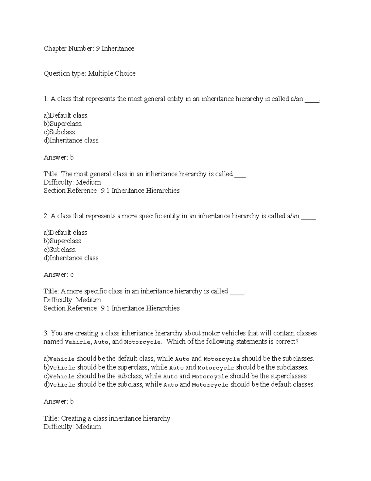 Chapter 9 Inheritance testbank Sample Questions With Answer - Ap/Itec ...