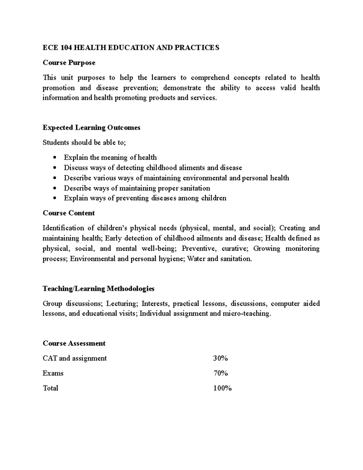 ECE 104 Course Outline - ECE 104 HEALTH EDUCATION AND PRACTICES Course ...