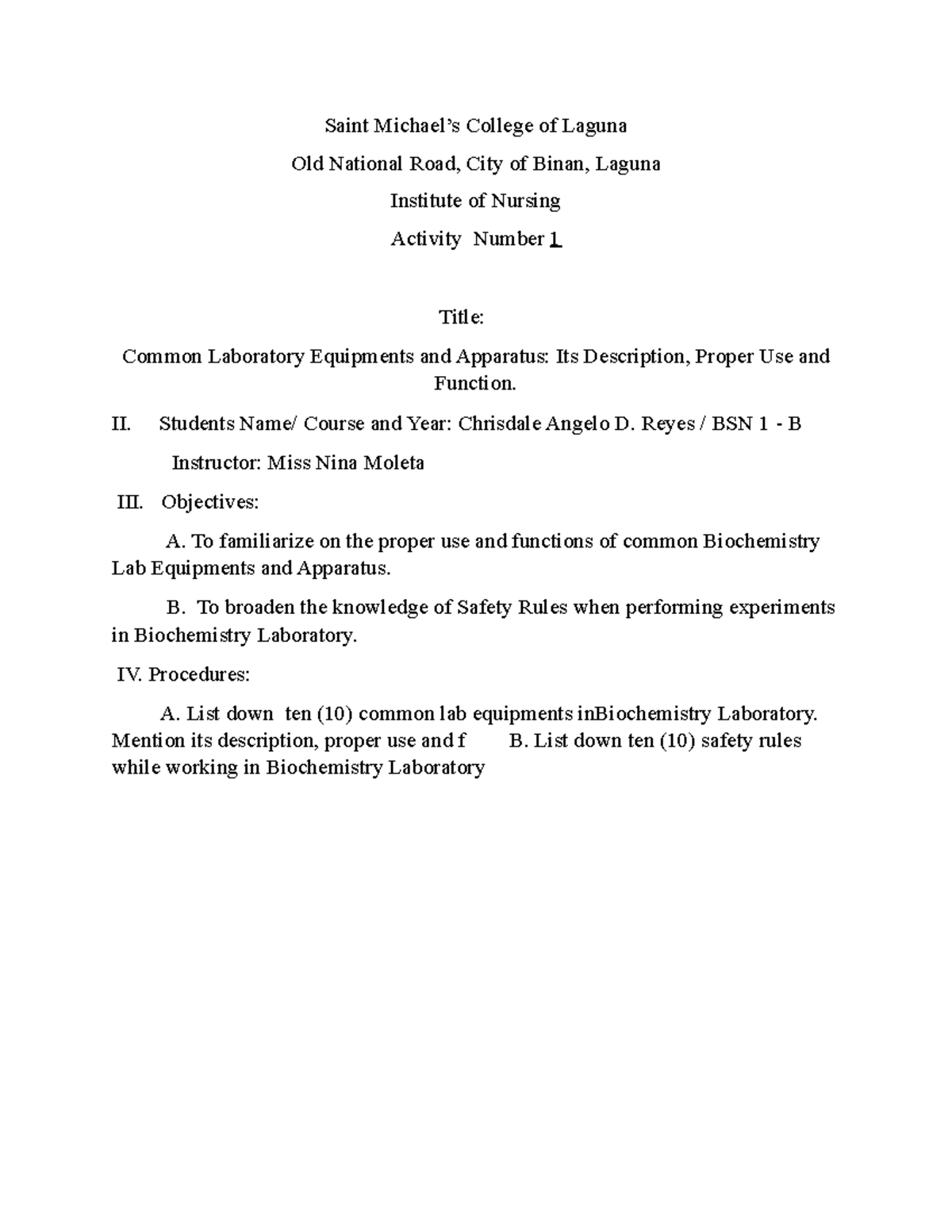 Activity 1 for Biochem Lab - Saint Michael’s College of Laguna Old ...