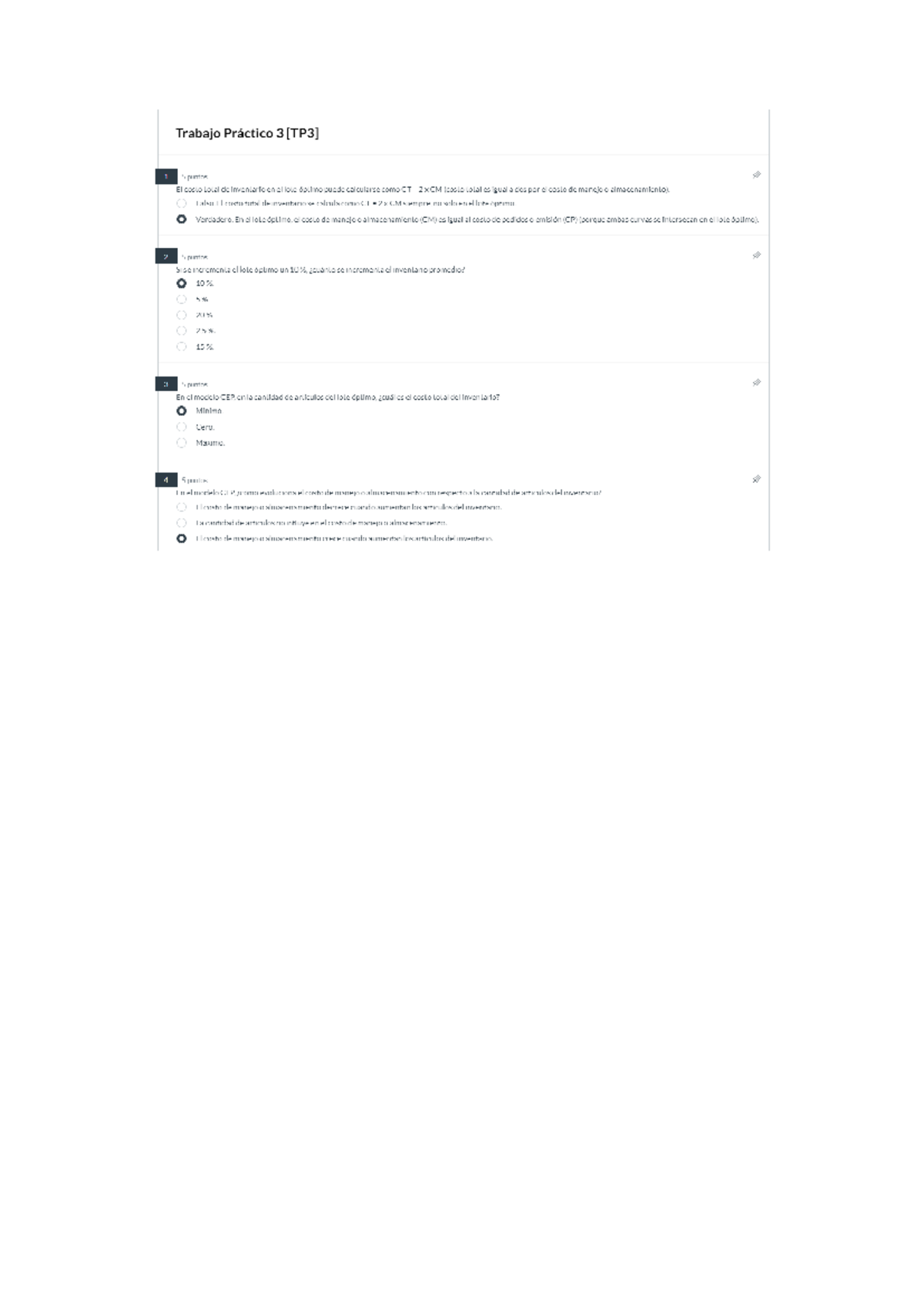 Trabajo Practico numero 3 Logistica - Trabajo Práctico 3 1 5 puntos El costo total de inventario ...