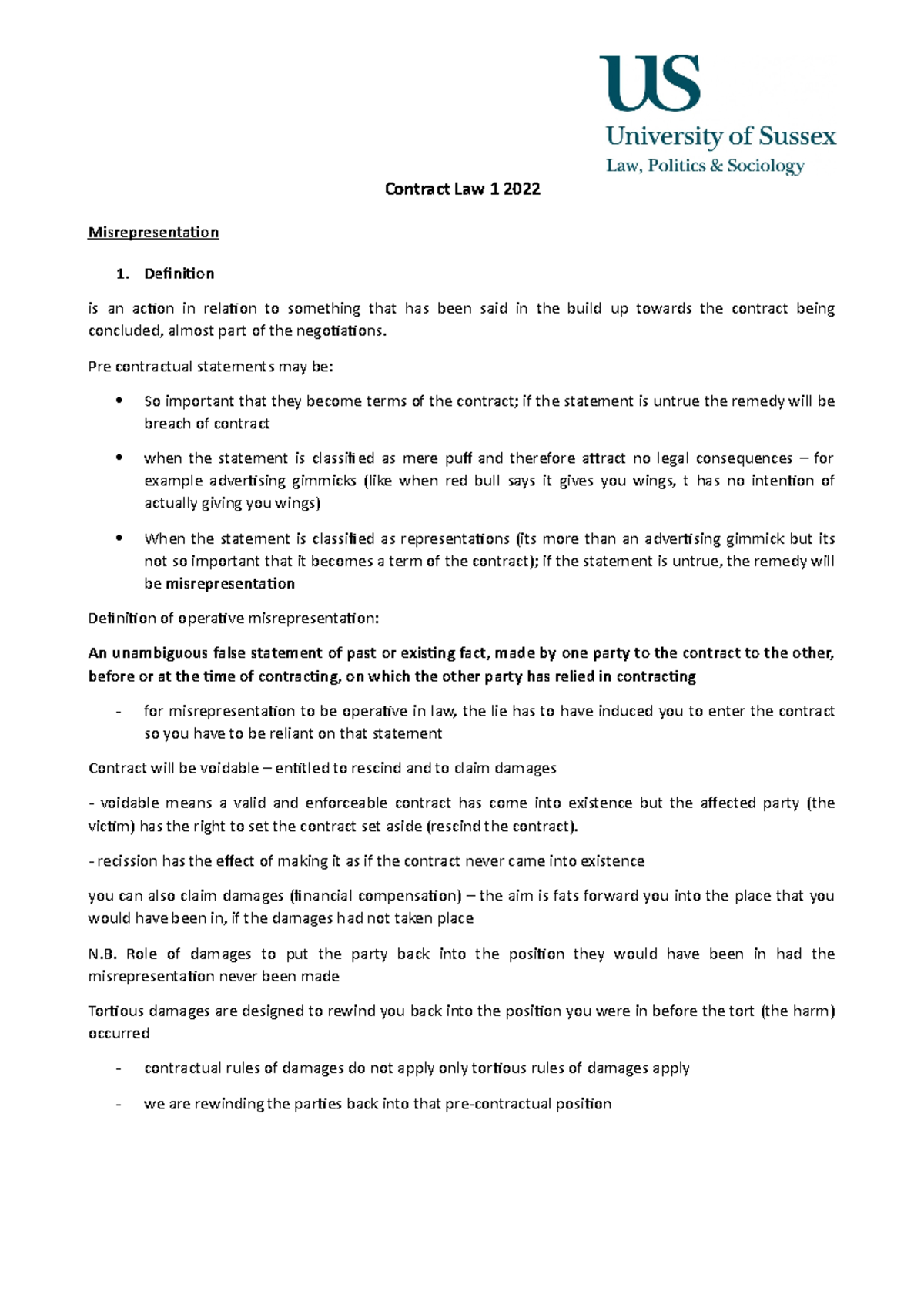 Misrepresentation - Contract Law 1 2022 Misrepresentation Definition is ...