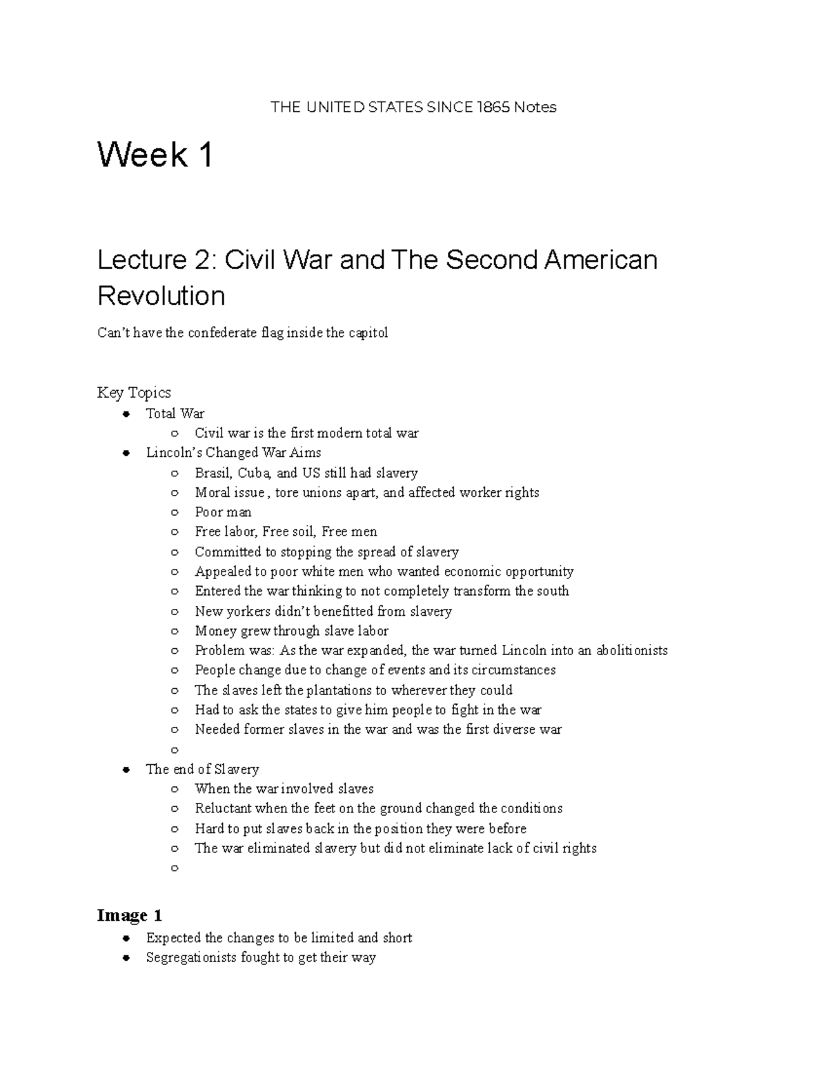 THE United States SNC 1865 - THE UNITED STATES SINCE 1865 Notes Week 1 ...
