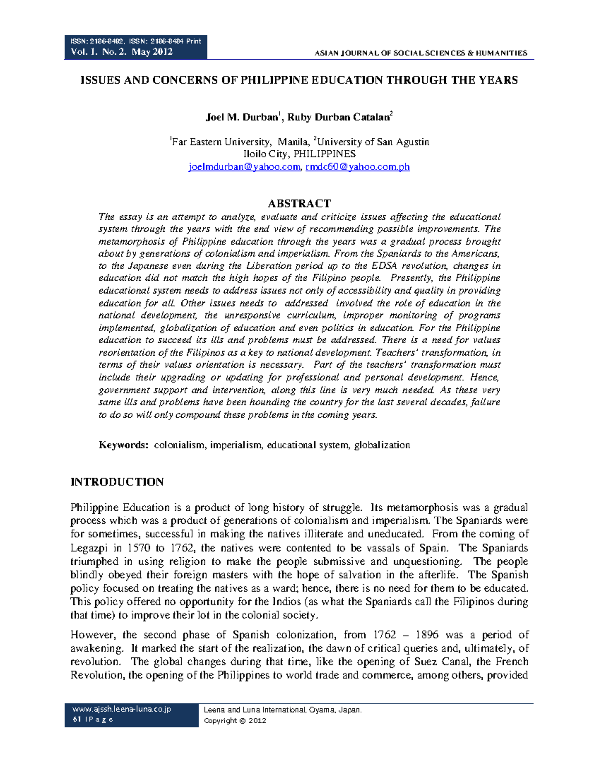 Issues and Concerns with Philippine Education System 1 - Vol. 1. No. 2 ...