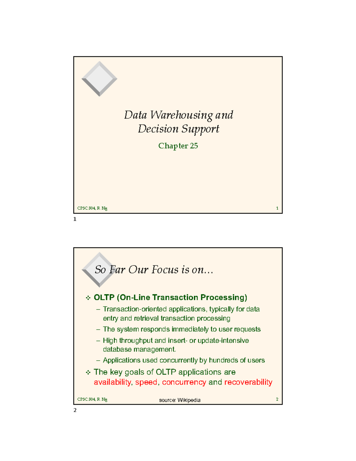 Chapter Data Warehousing Apr 5 Cpsc 304 R Ng 1 Data Warehousing And Decision Support Chapter