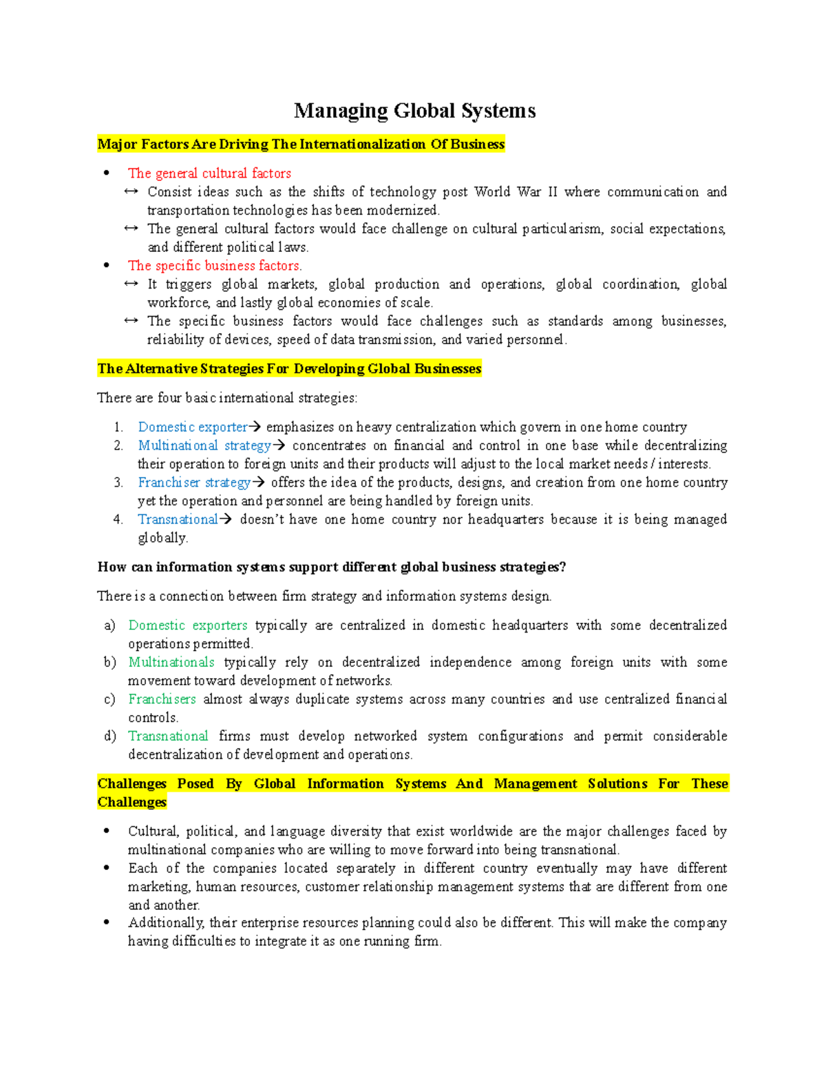 Managing Global Systems - Managing Global Systems Major Factors Are ...