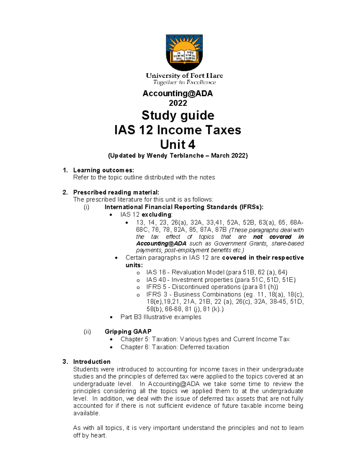 Unit 4 Income Taxes 2022 full handout - Accounting@ADA 2022 Study guide ...