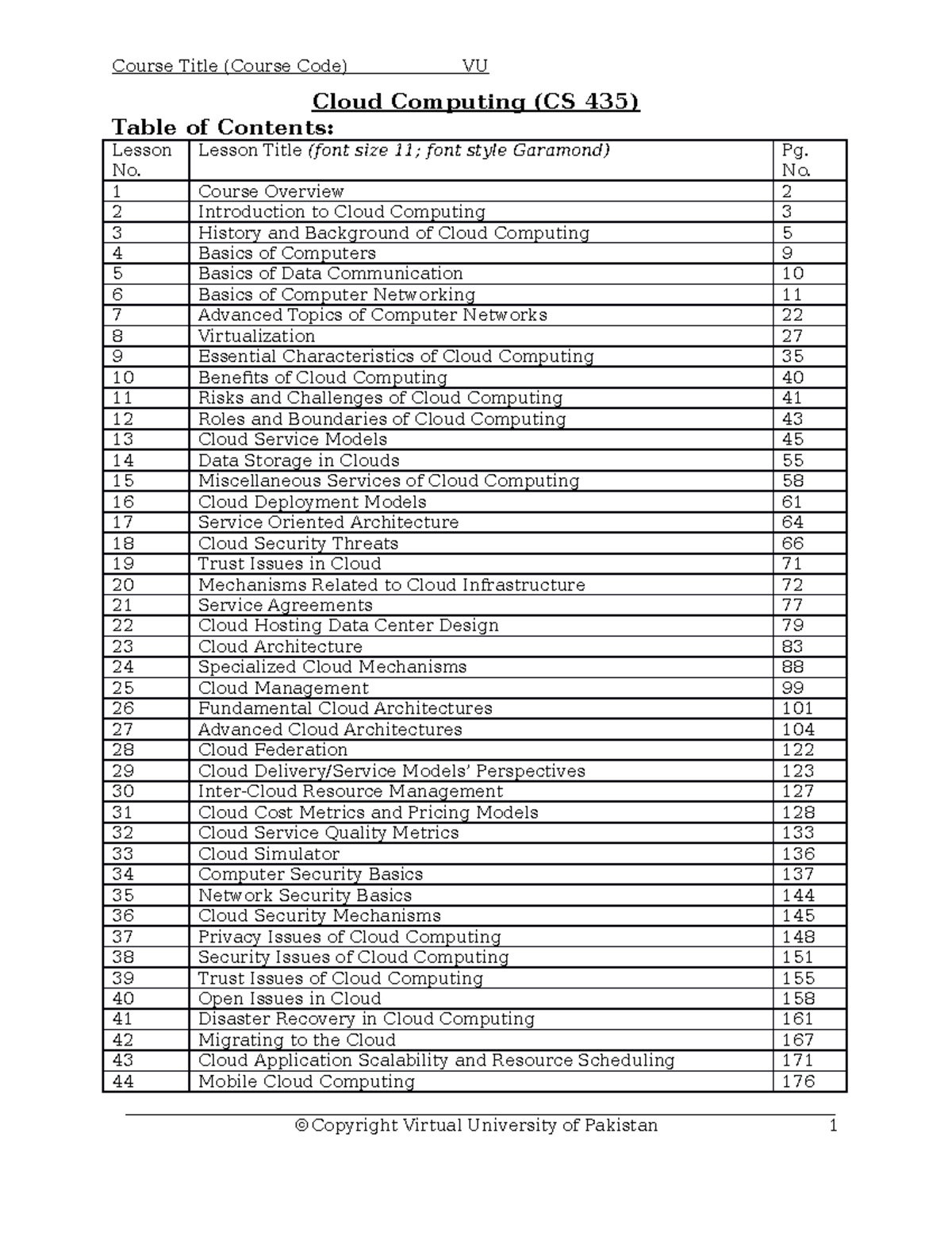Booklet of Handouts -Cloud Computing V4 - Cloud Computing (CS 435) Table of Contents: Lesson No ...