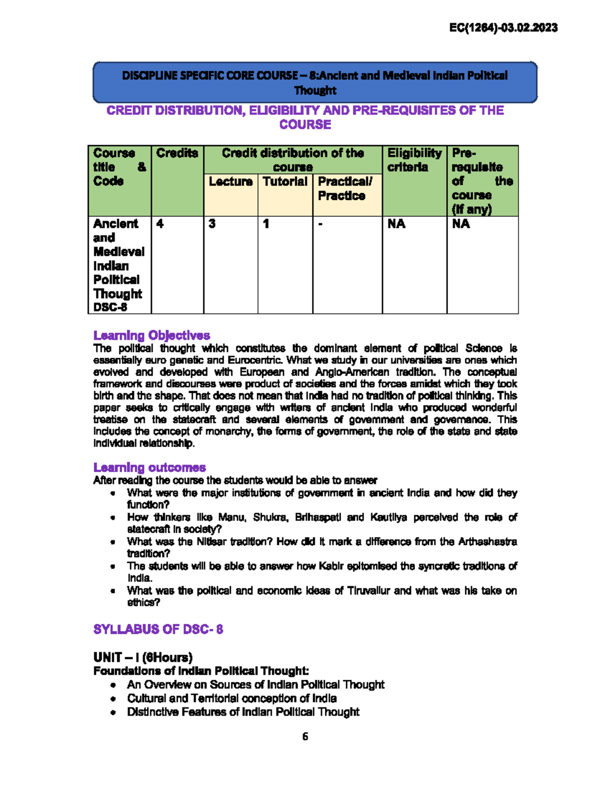 Sem 3IPT syllab - DISCIPLINE SPECIFIC CORE COURSE 8:Ancient and ...