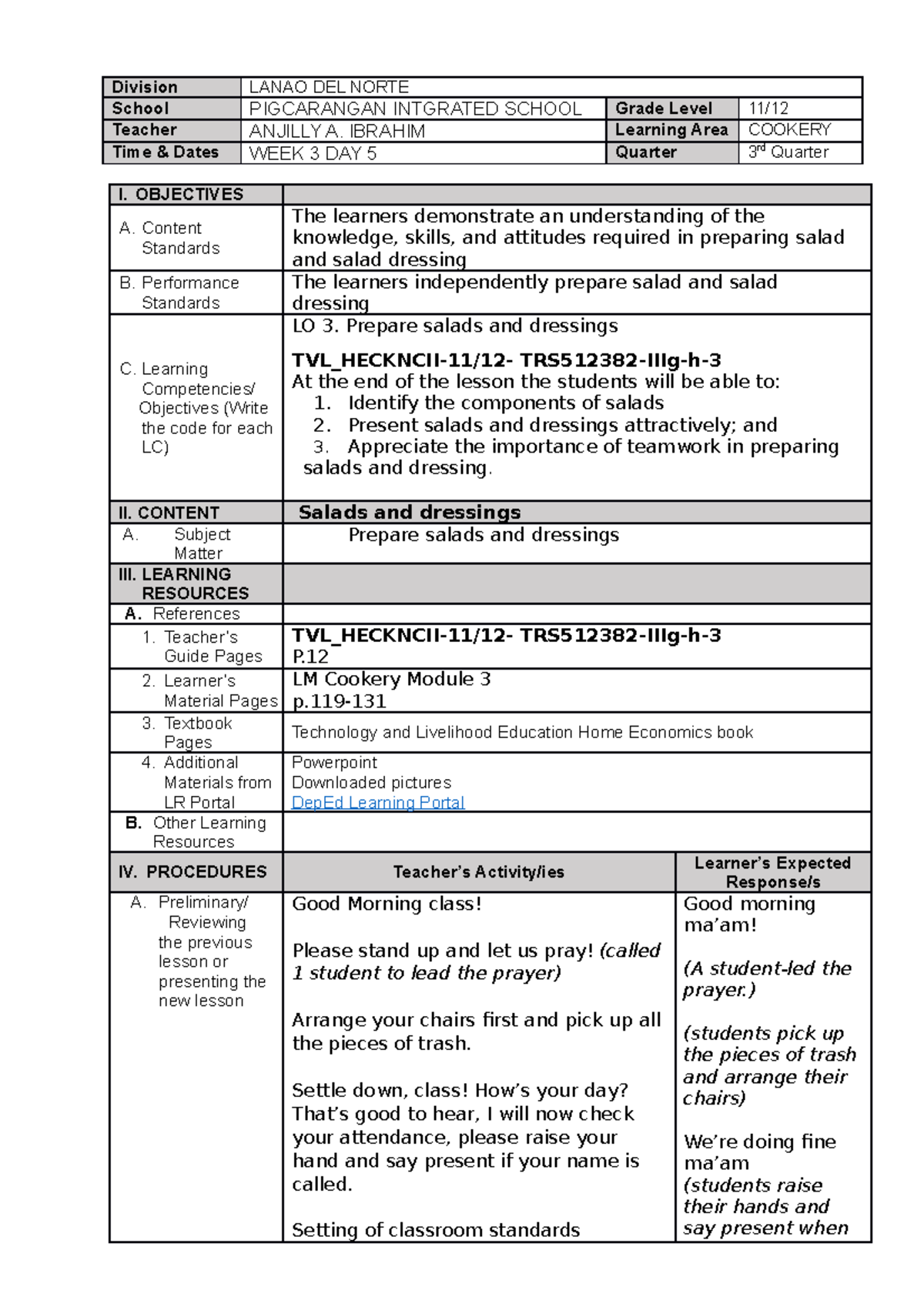 TVL SHSAnjilly - TVL - Division LANAO DEL NORTE School PIGCARANGAN INTGRATED SCHOOL Grade Level ...