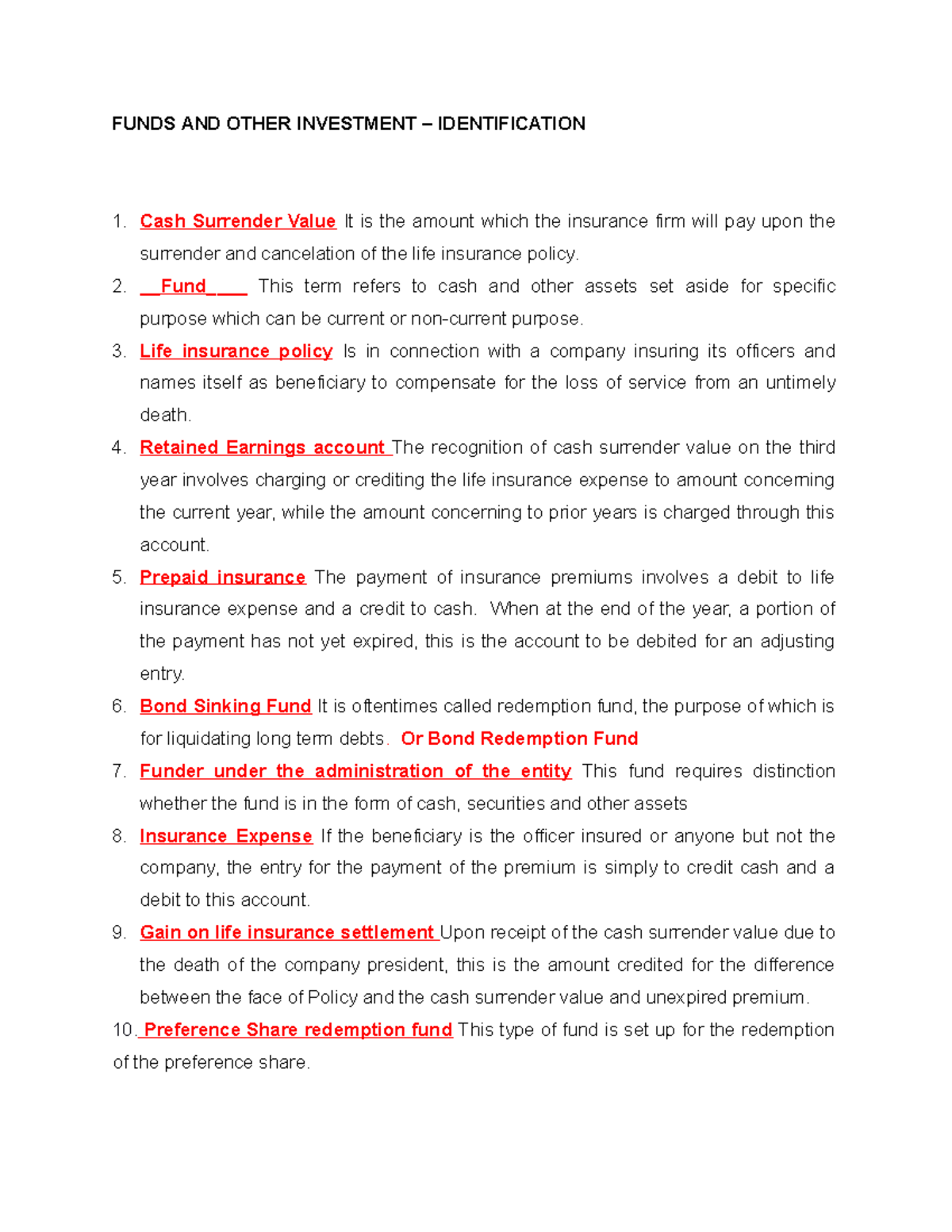 Funds AND Other Investment – Identification - FUNDS AND OTHER ...