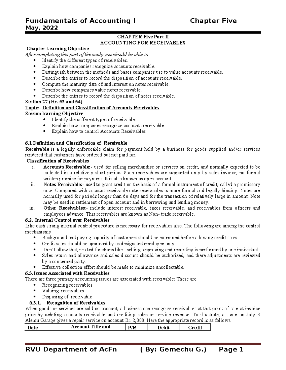 Fundamenta Acct. I ch 5 Part II - May, 2022 CHAPTER Five Part II ...