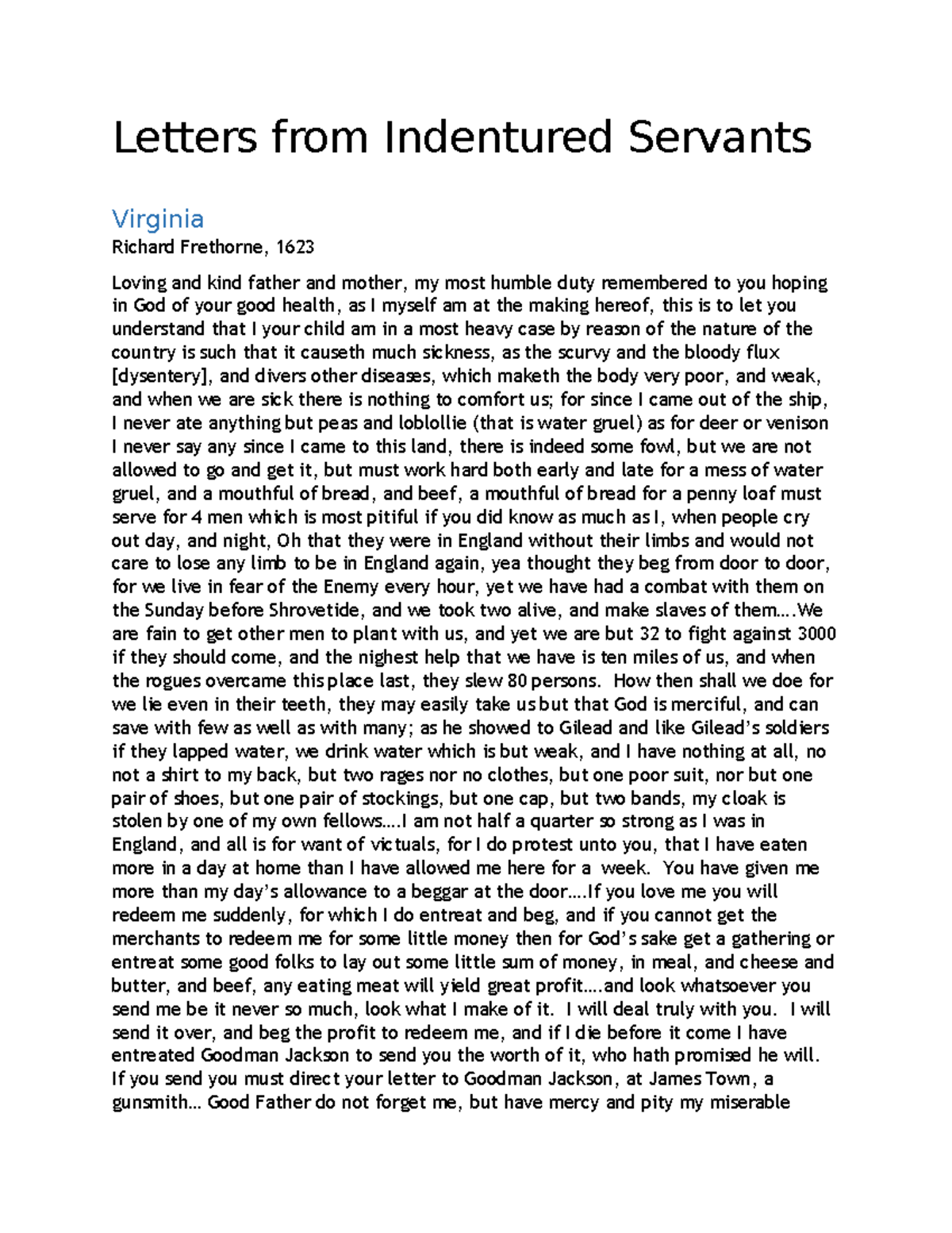 Letters from Indentured Servants assignment - Letters from Indentured ...
