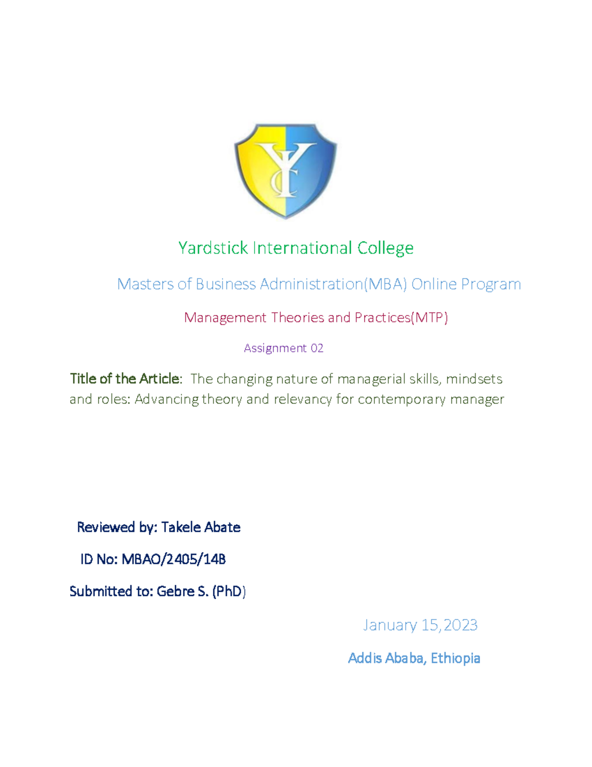 MTP Assignment 02 - Yardstick International College Masters of Business Administration(MBA ...
