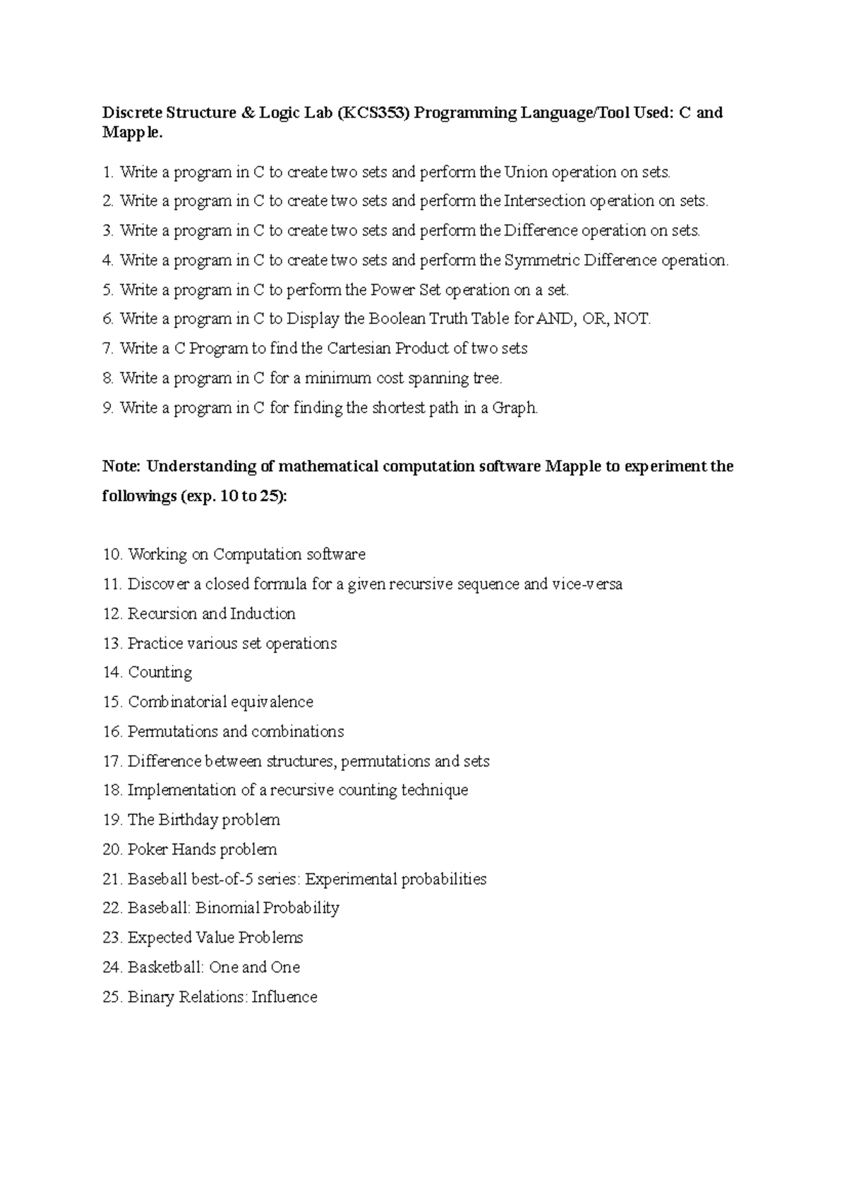 Discrete Structure lab - Discrete Structure & Logic Lab (KCS353 ...
