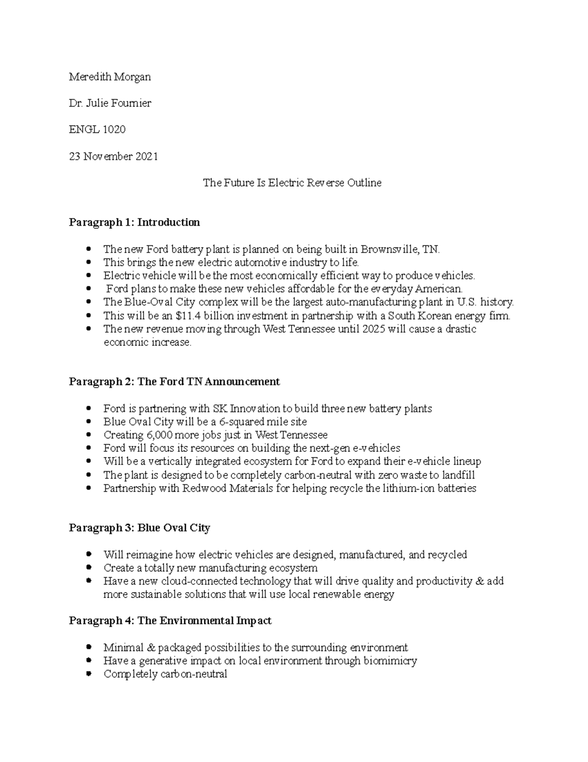 Reverse Outline - Meredith Morgan Dr. Julie Fournier ENGL 1020 23 ...