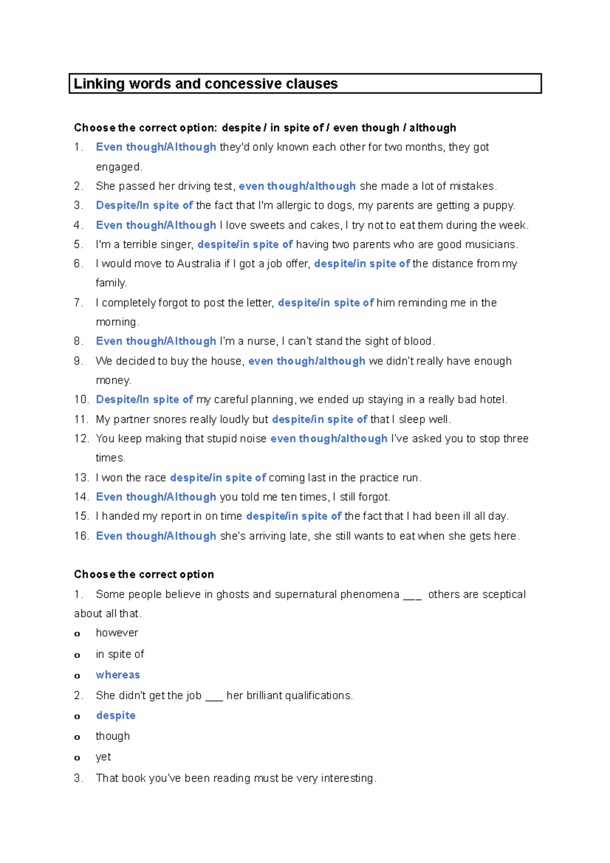 Linking words and concessive clauses exercises key-1 - Linking words ...