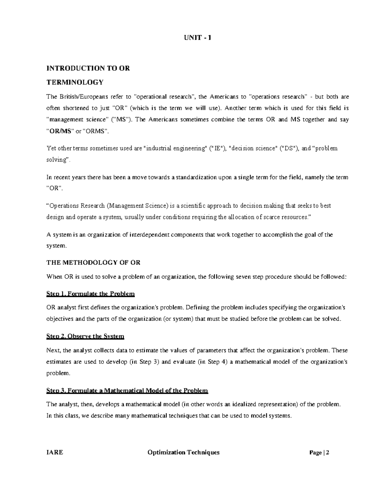 Optimization Techniques in Engineering 1 - UNIT - 1 INTRODUCTION TO OR ...