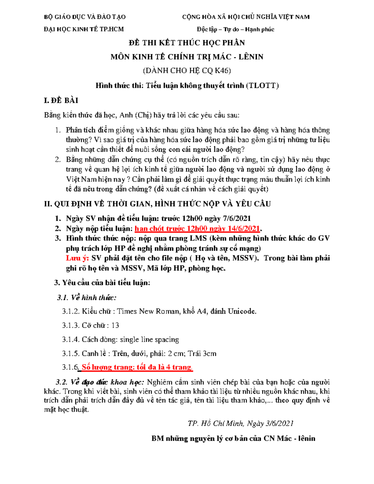 Chính thức ĐỀ TIỂU LUẬN KTHP KTCT K46 - BỘ GIÁO DỤC VÀ ĐÀO TẠO CỘNG HÒA XÃ HỘI CHỦ NGHĨA VIỆT ...