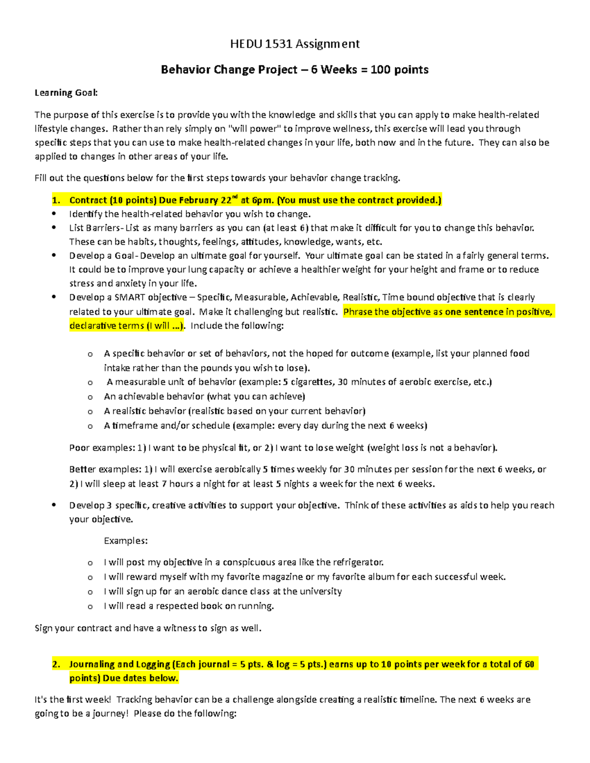 Behavior Change Project 6 Weeks Spr22 - HEDU 1531 Assignment Behavior ...