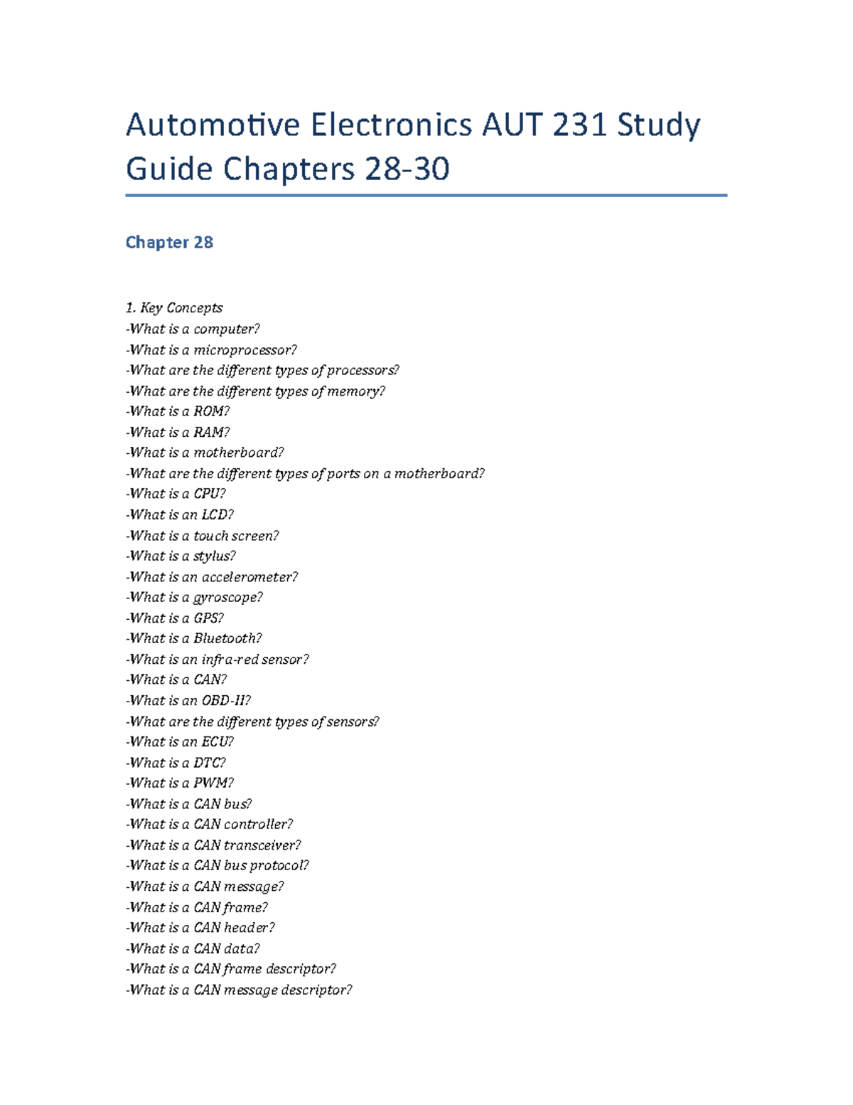 Automotive Electronics AUT 231 Study Guide Chapters 28-30 - Automotive ...