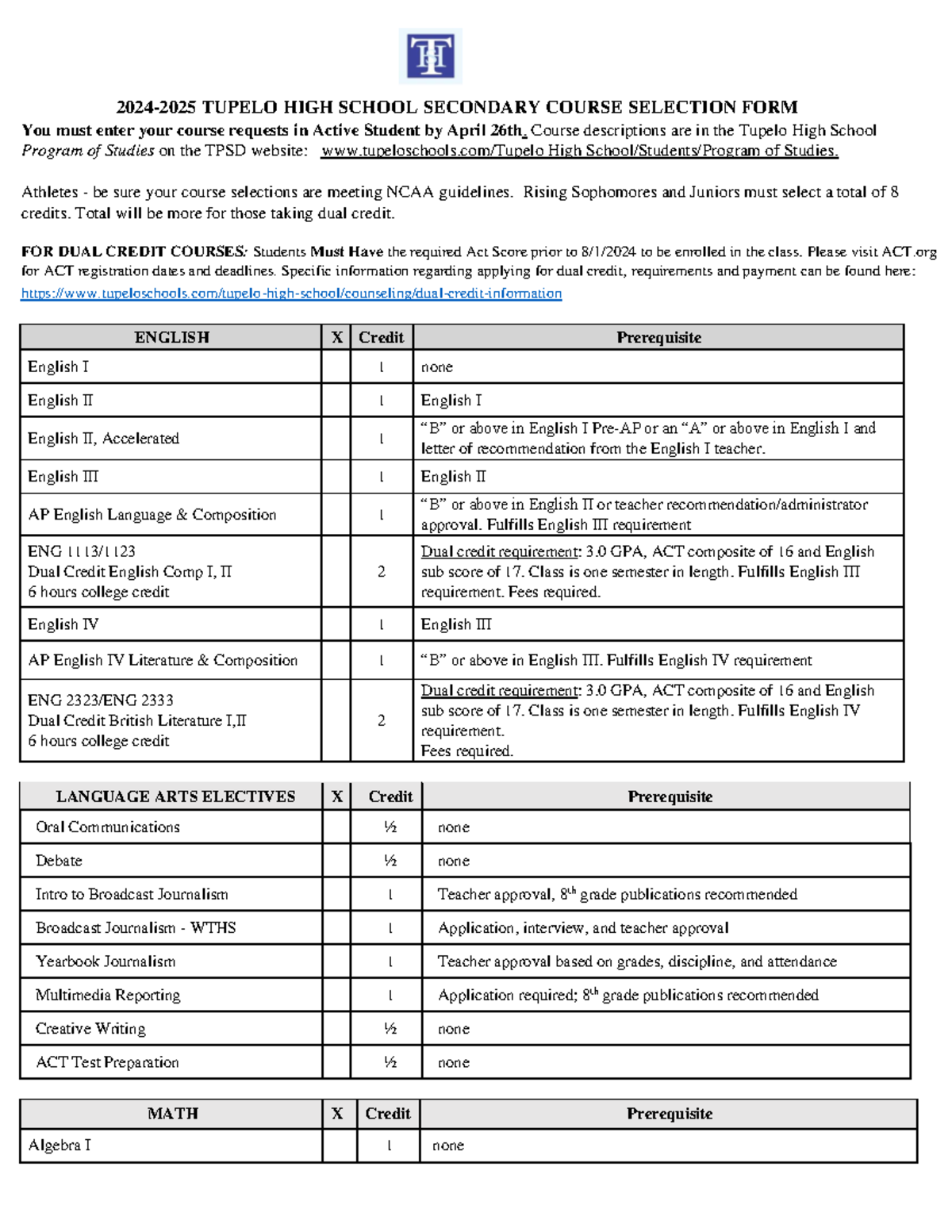 Subject Selection Sheet - 2024 - 2025 TUPELO HIGH SCHOOL SECONDARY ...