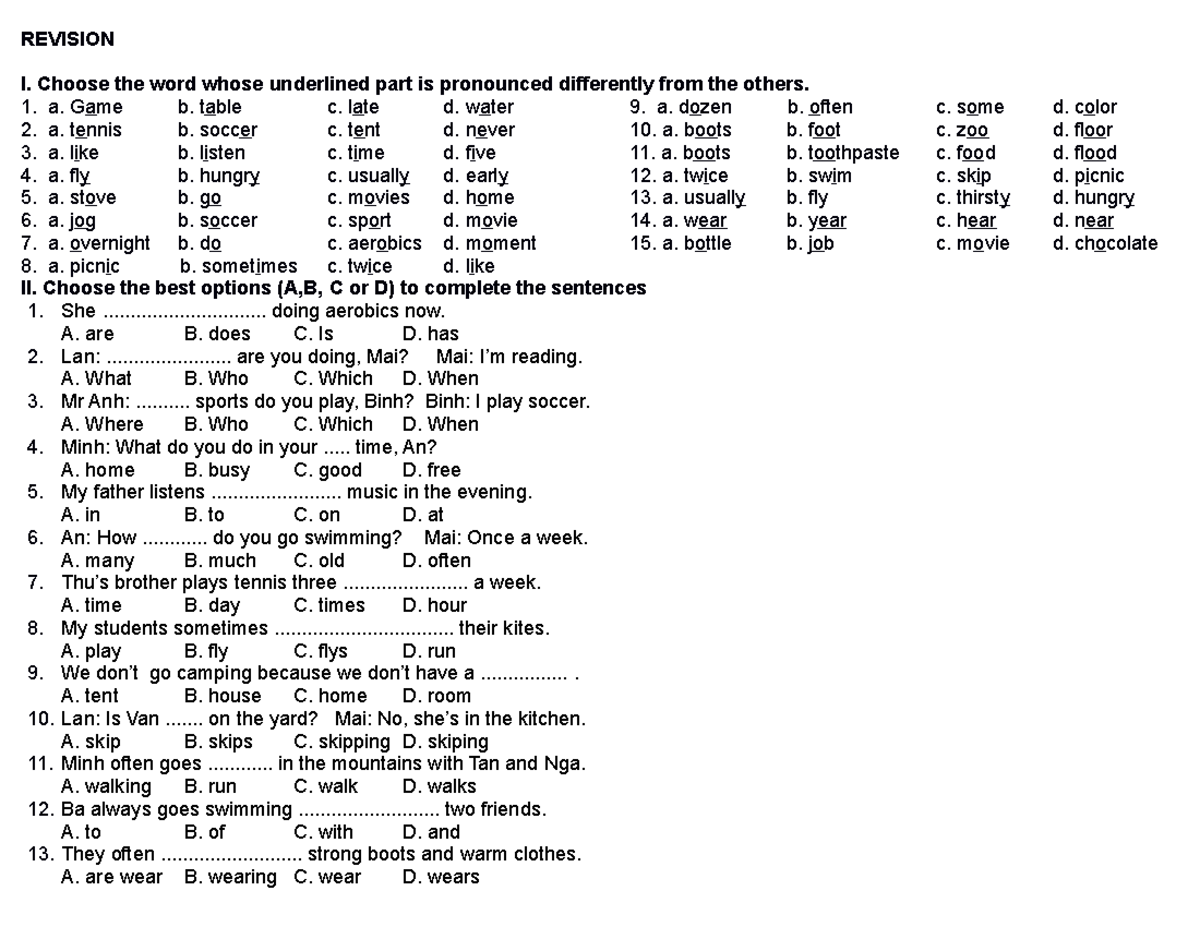 2 de kiem tra - noo - REVISION I. Choose the word whose underlined part ...