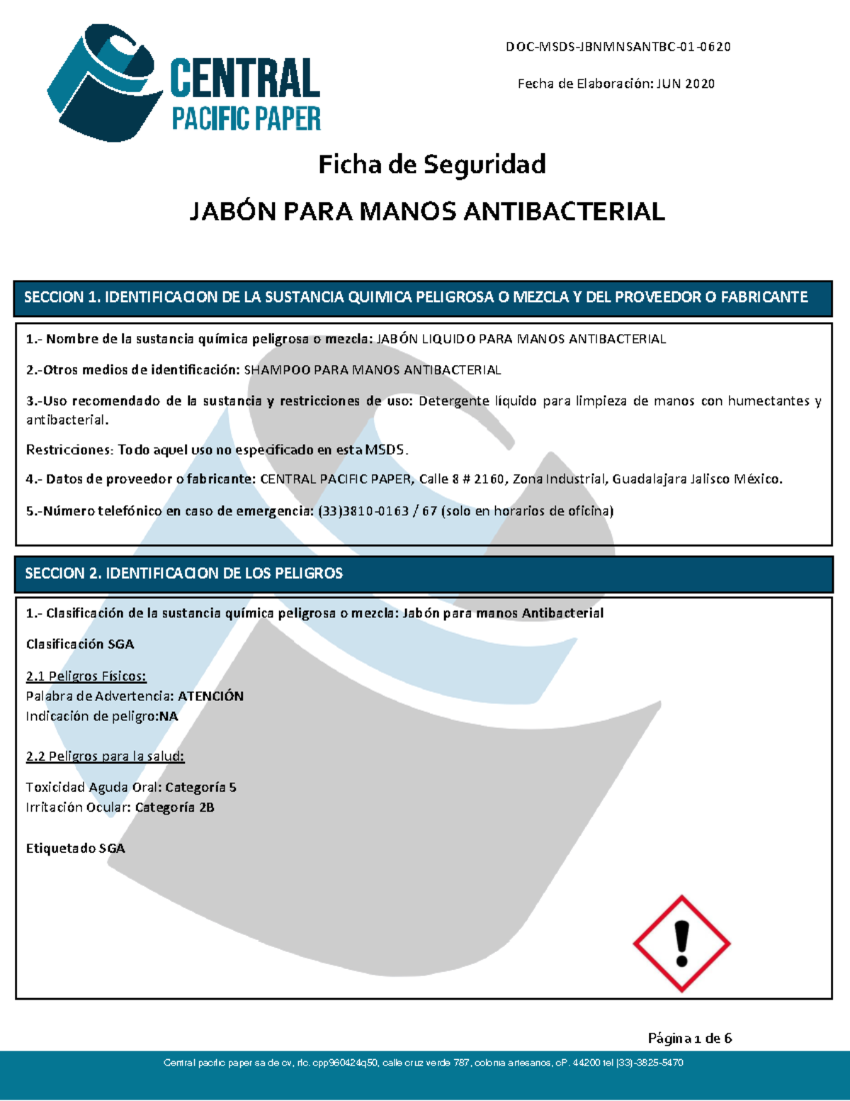 Ficha DE Seguridad Jabon PARA Manos Antibacterial - Fecha de ...