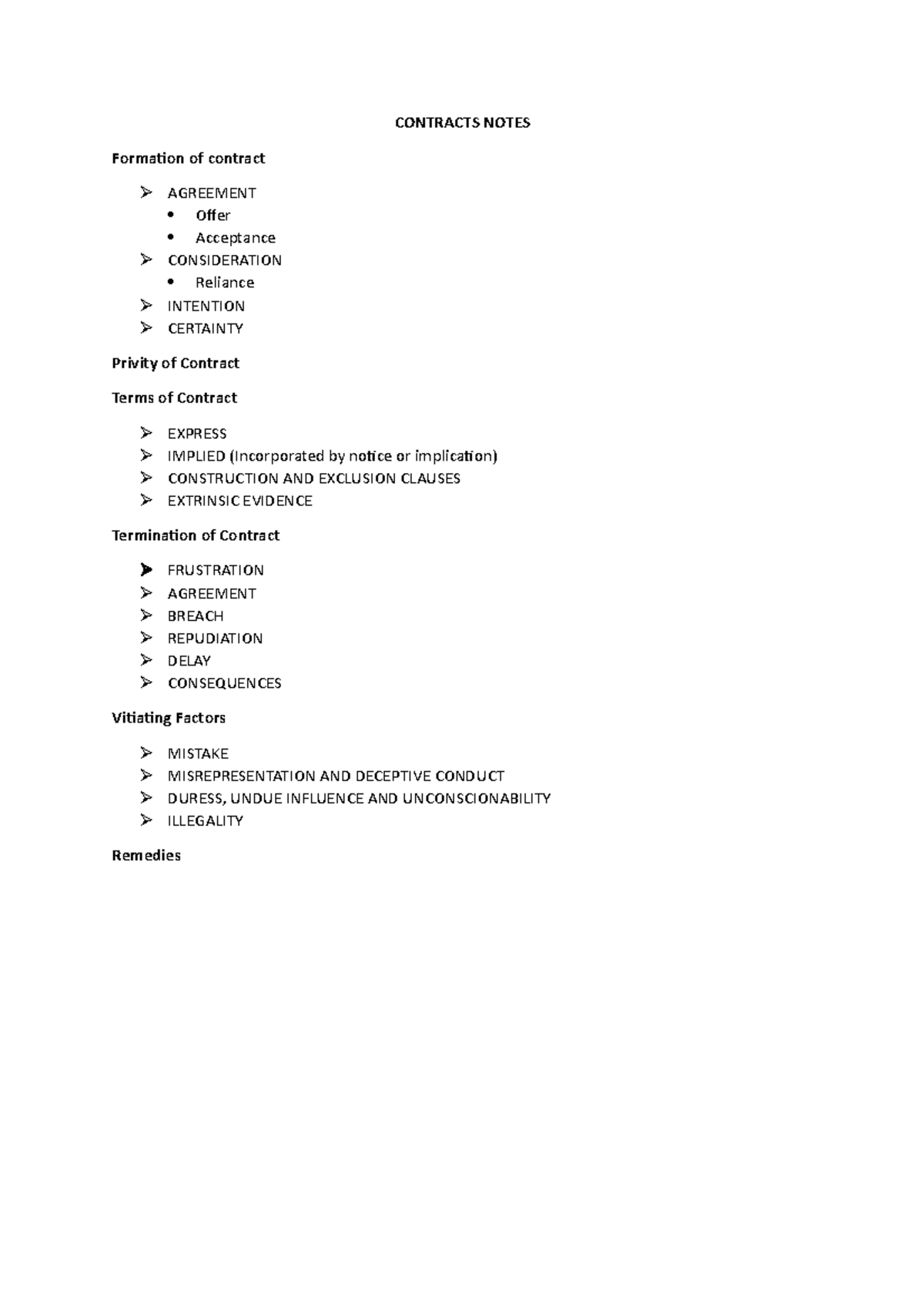Contracts Notes - CONTRACTS NOTES Formation of contract AGREEMENT Offer ...