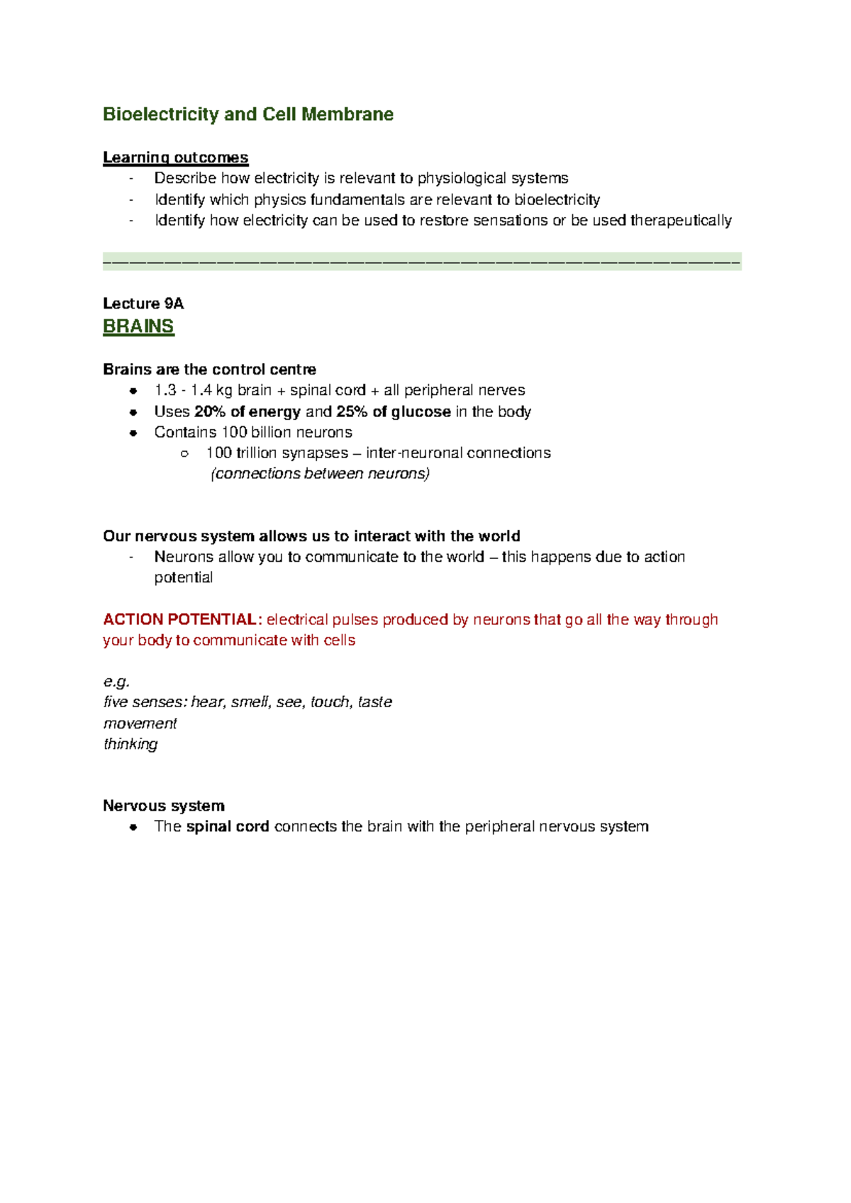 Extra Lecture Notes Week 9 - Bioelectricity and Cell Membrane Learning ...