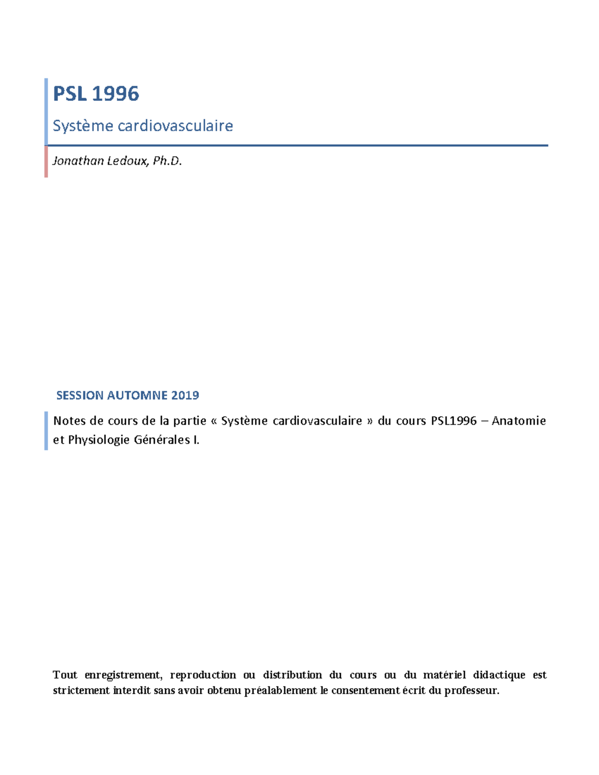 système cardiovasculaire - PSL 1996 Système cardiovasculaire Jonathan ...