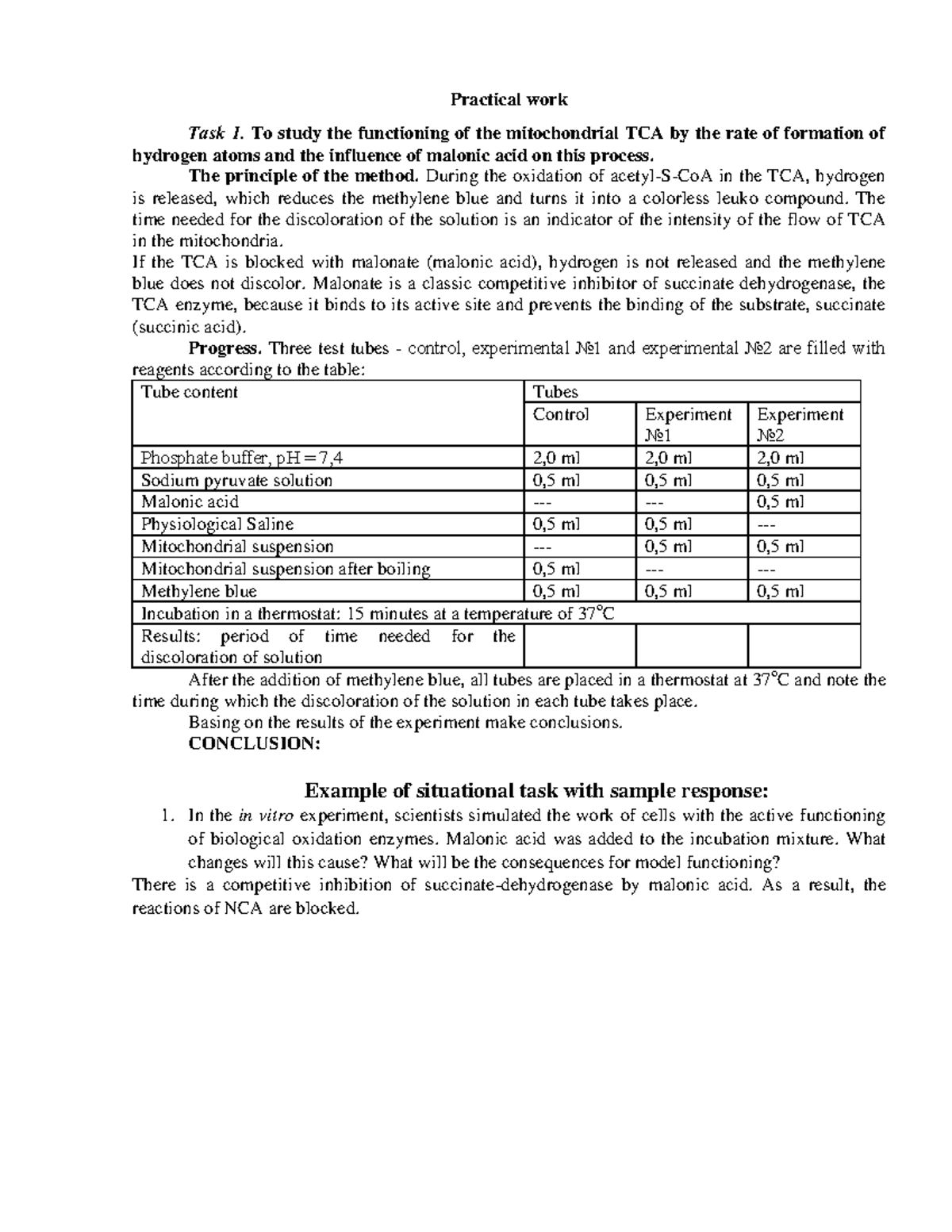 Laboratory work - To study the functioning of the mitochondrial TCA by ...