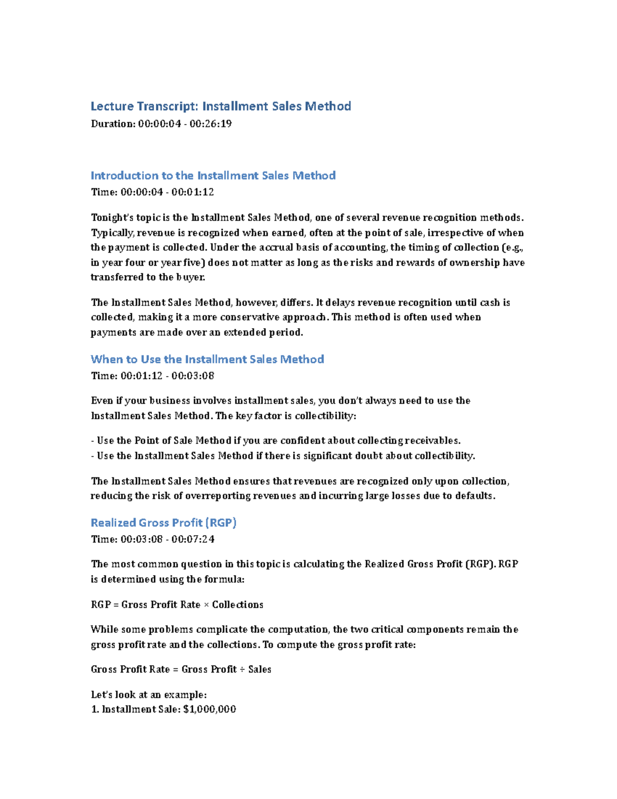 Installment Sales Method Lecture Notes - Lecture Transcript ...