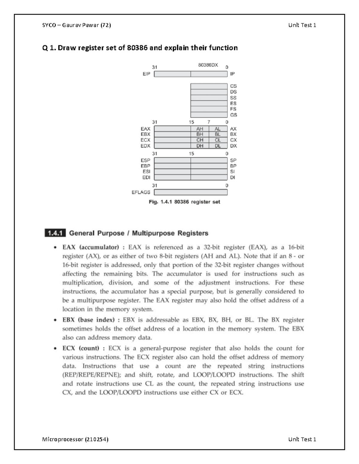 MP-1 - Q 1. Draw register set of 80386 and explain their function Q 2-3 ...