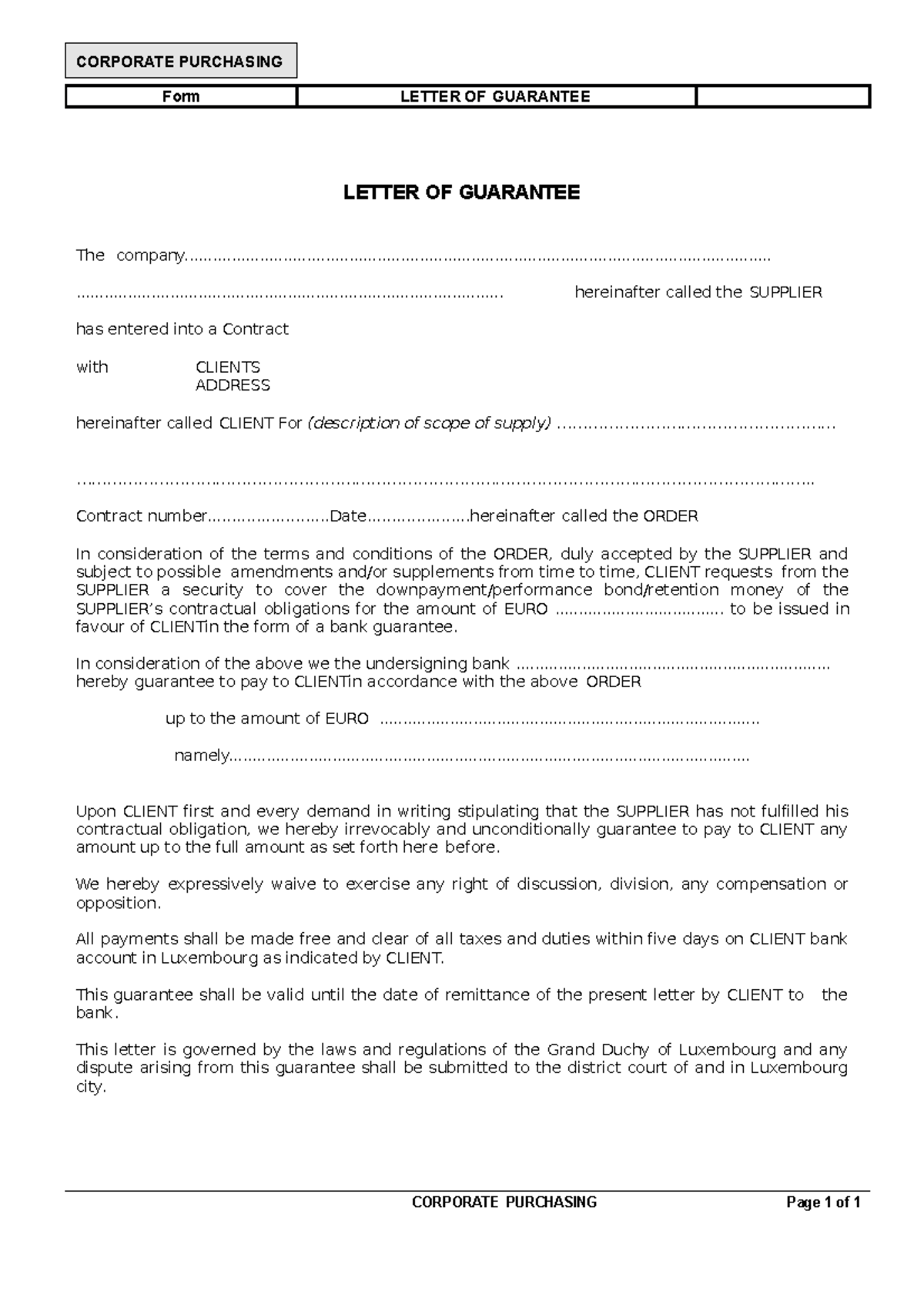Letter of guarantee 02 - Form LETTER OF GUARANTEE LETTER OF GUARANTEE ...