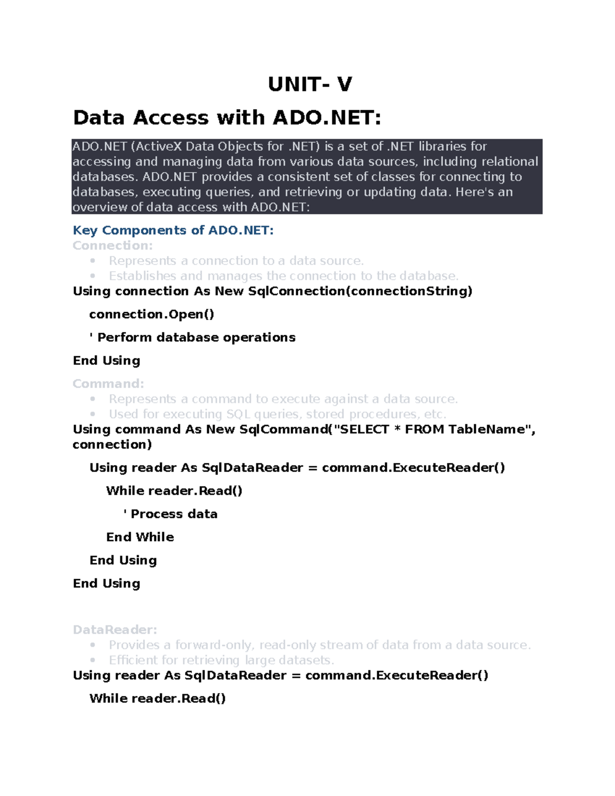 Net UNIT- V - Summary Computer Application - UNIT- V Data Access with ADO: ADO (ActiveX Data ...