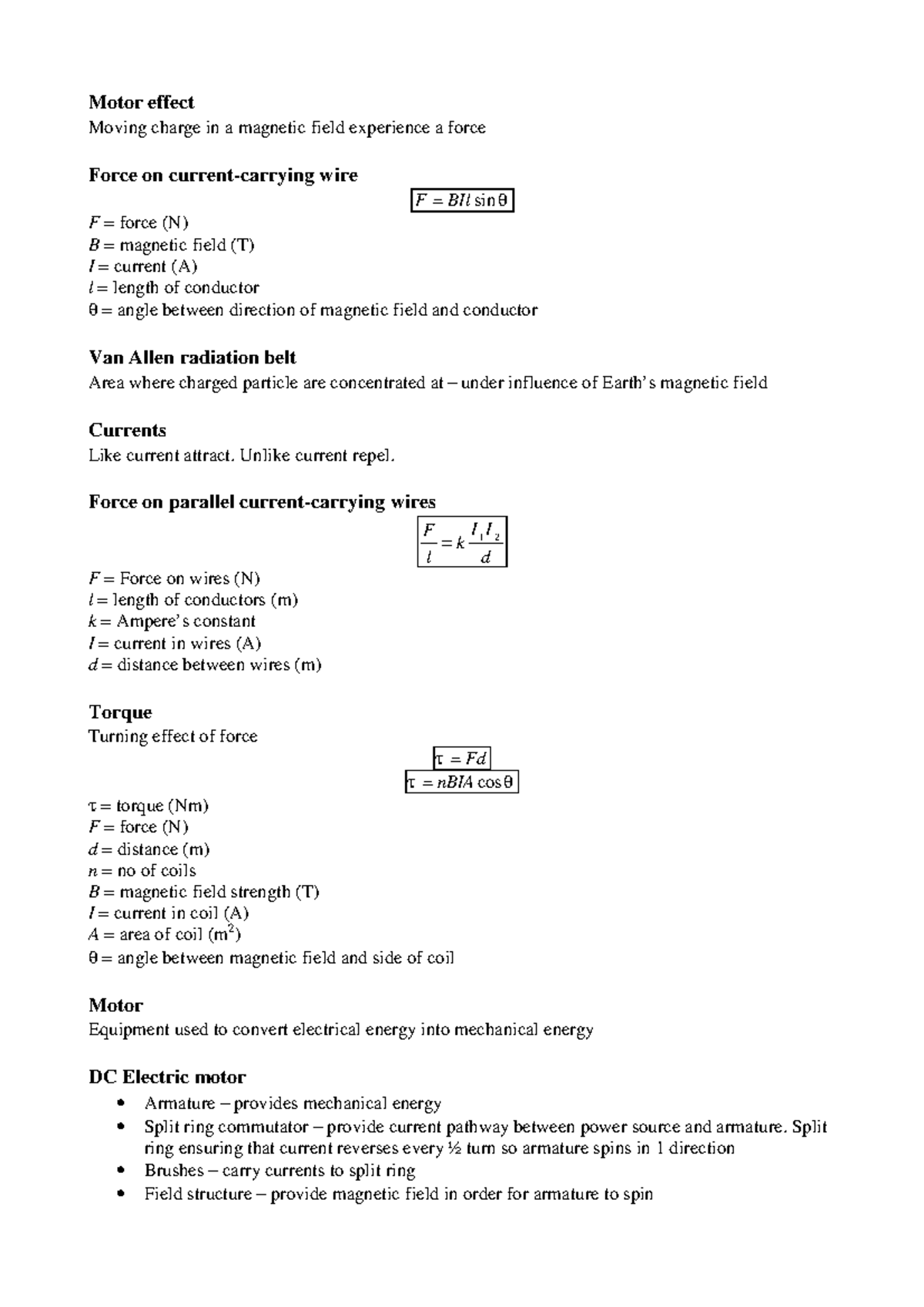 [2001 Physics] Notes motors Shirls - Motor effect Moving charge in a ...